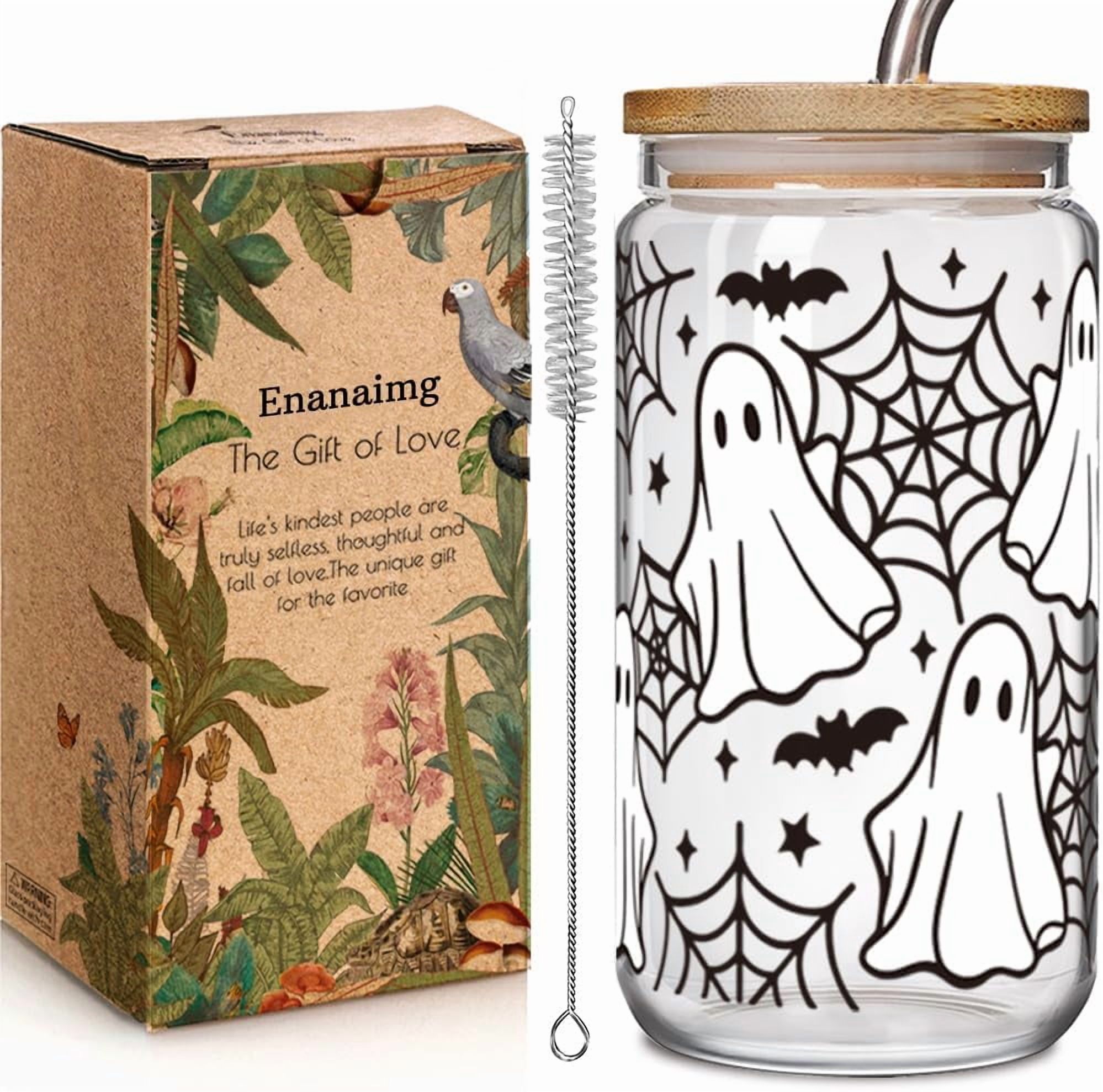 Halloween Spooky Ghost Glass Cups with Lids & Straws 16OZ Gift for ...