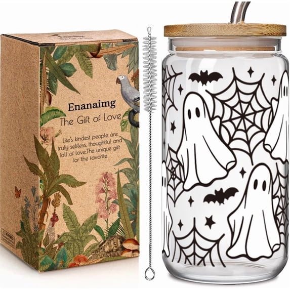 Halloween Spooky Ghost Glass Cups with Lids & Straws 16OZ Gift for ...