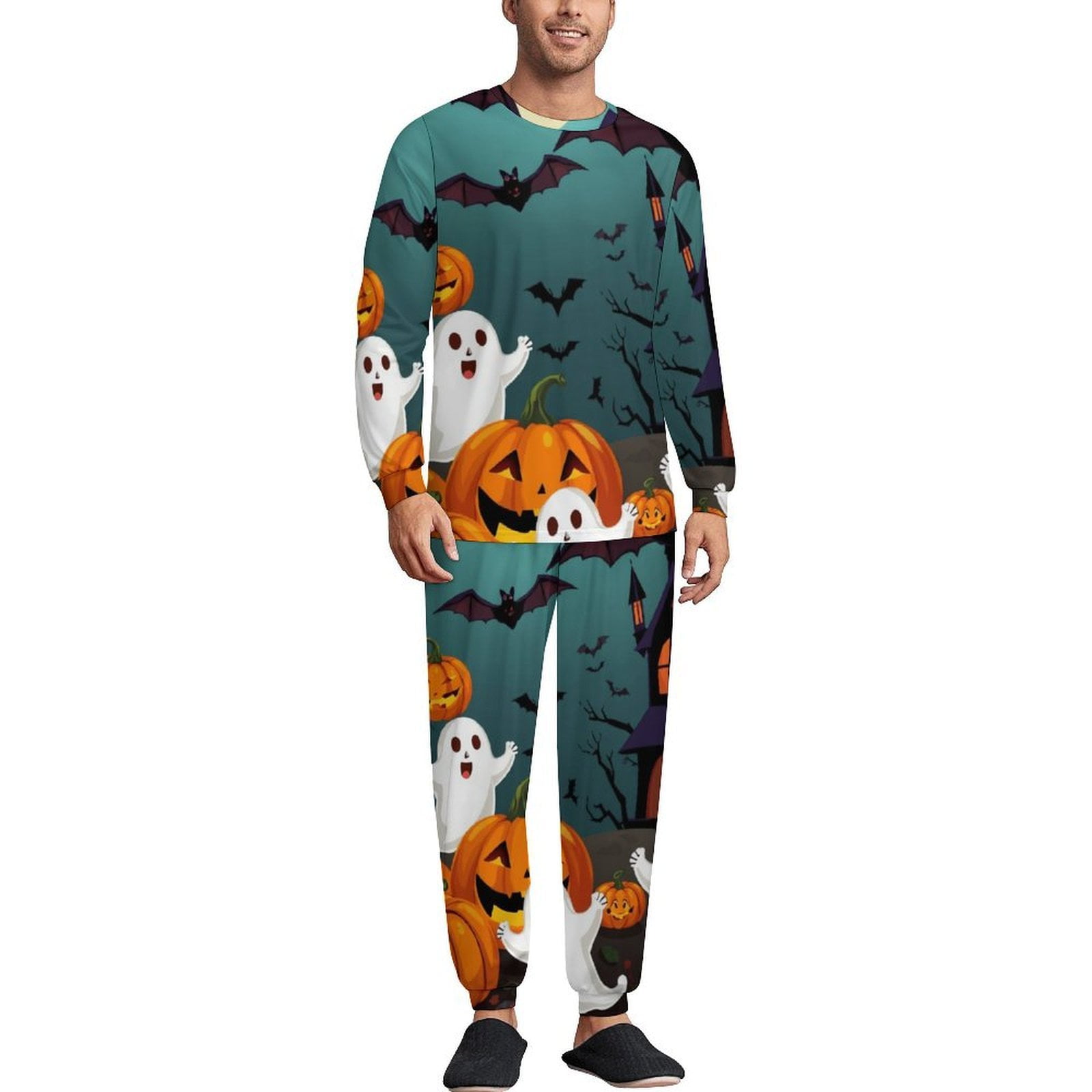Halloween Spooky Ghosts Pajamas Men Home Suit Winter Long Sleeve 2 ...