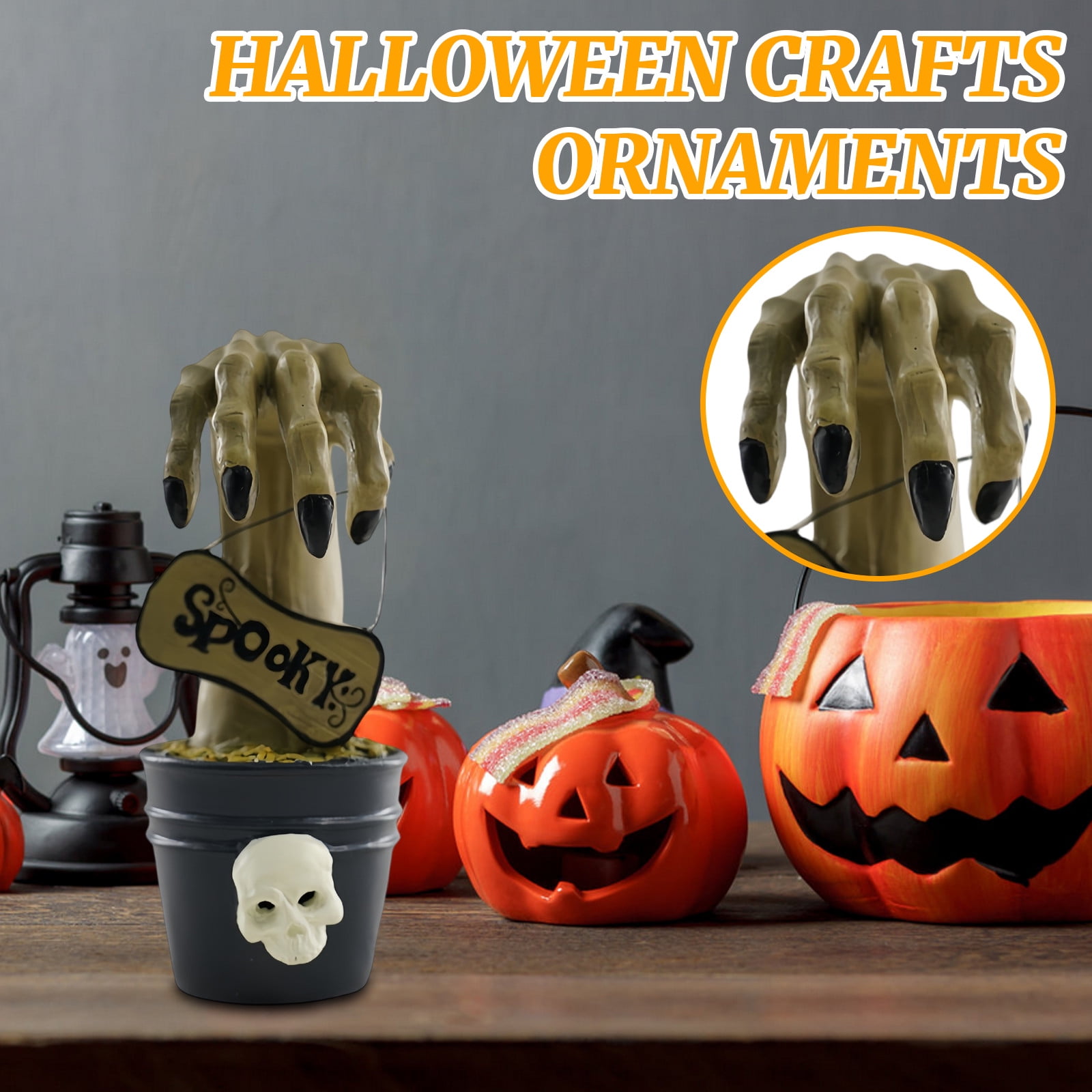 Halloween Spooky Hand in Pot Decoration with Skull Accent, Realistic ...