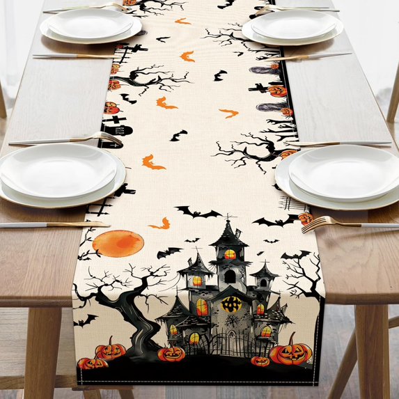 Halloween Spooky Haunted House Dining Table Runner, Horror Ghost Castle ...
