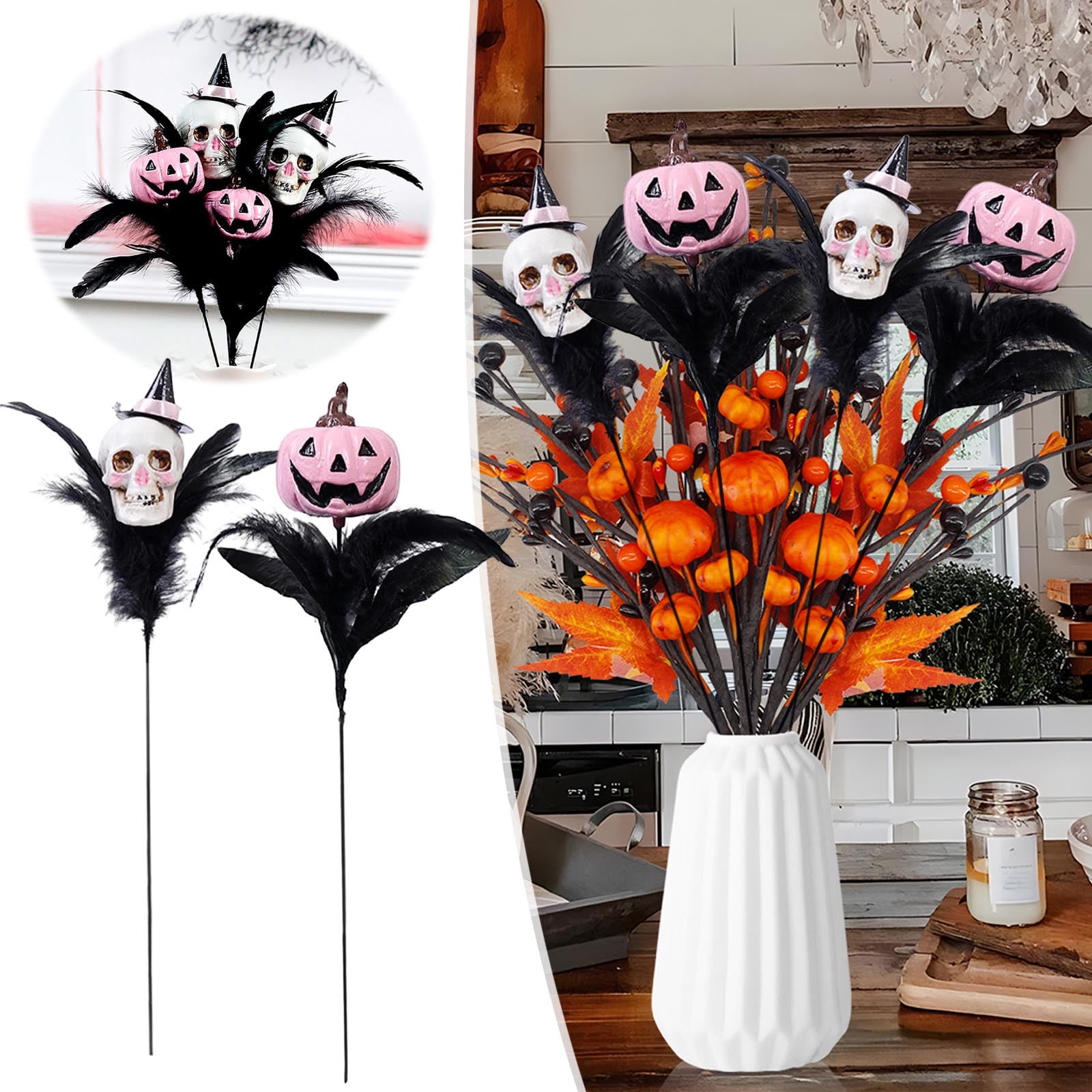Halloween Spooky Head Branches,Black Feather Floral Picks For Photo ...