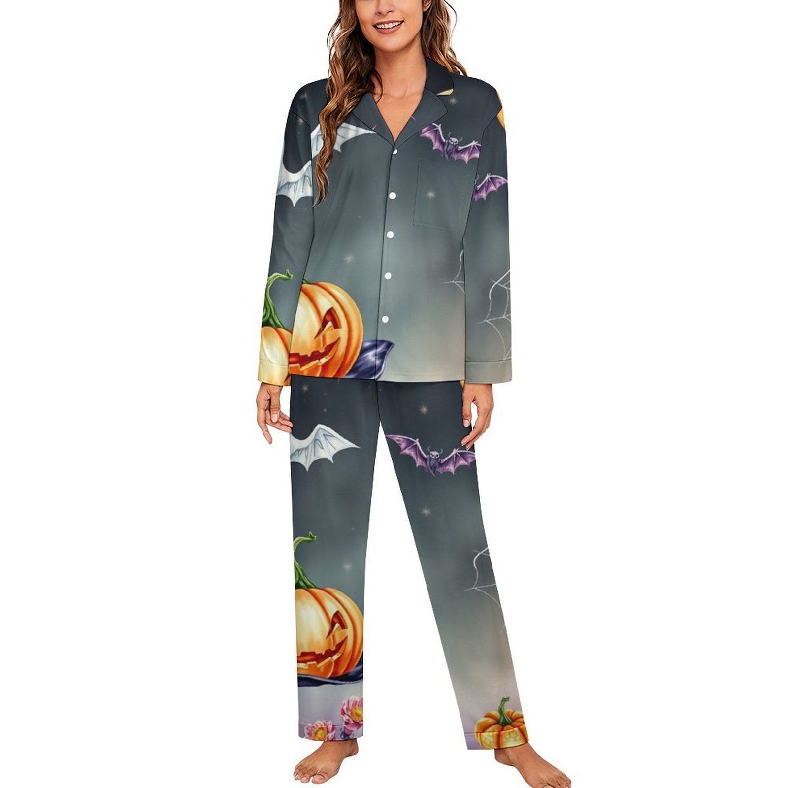 Halloween Spooky Night Scene Art Pajamas Woman Home Suit Autumn Long ...