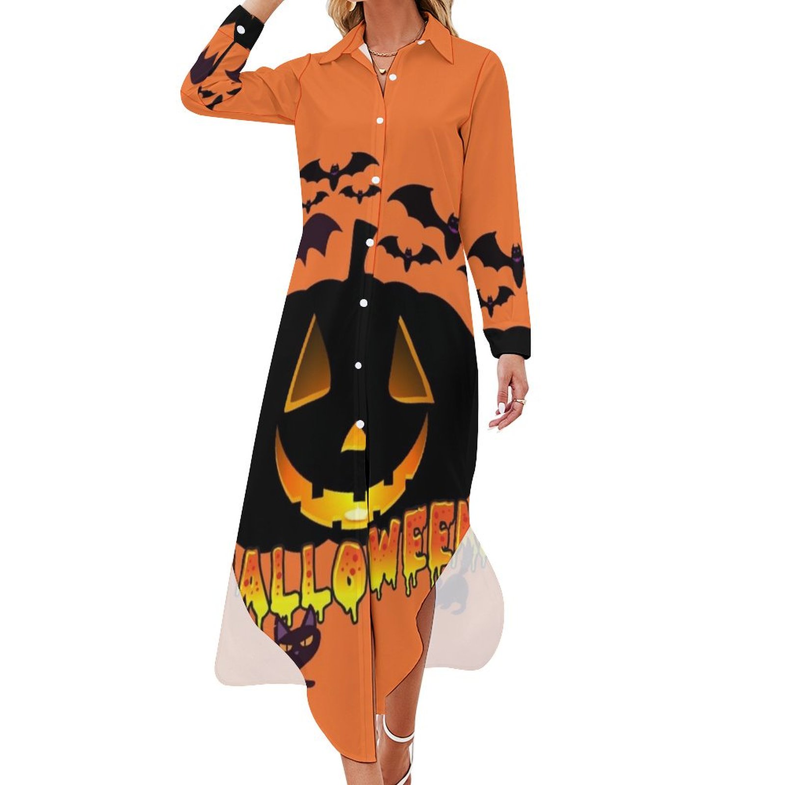 Halloween Spooky Pumpkin Long Sleeved Shirt Dress wedding dresses for ...