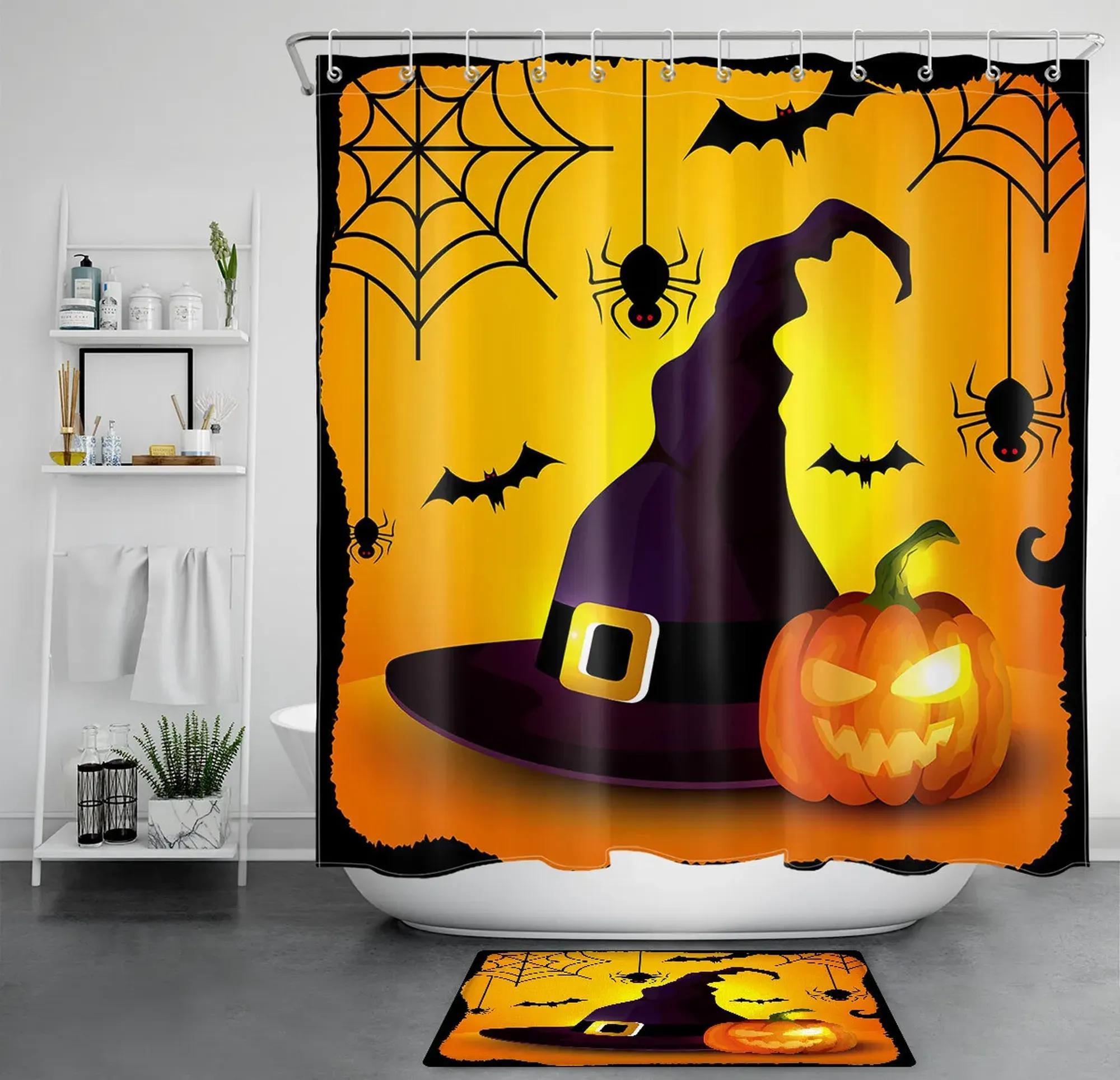 Halloween Spooky Pumpkin Witch Hat Spiders Waterproof Fabric Shower ...
