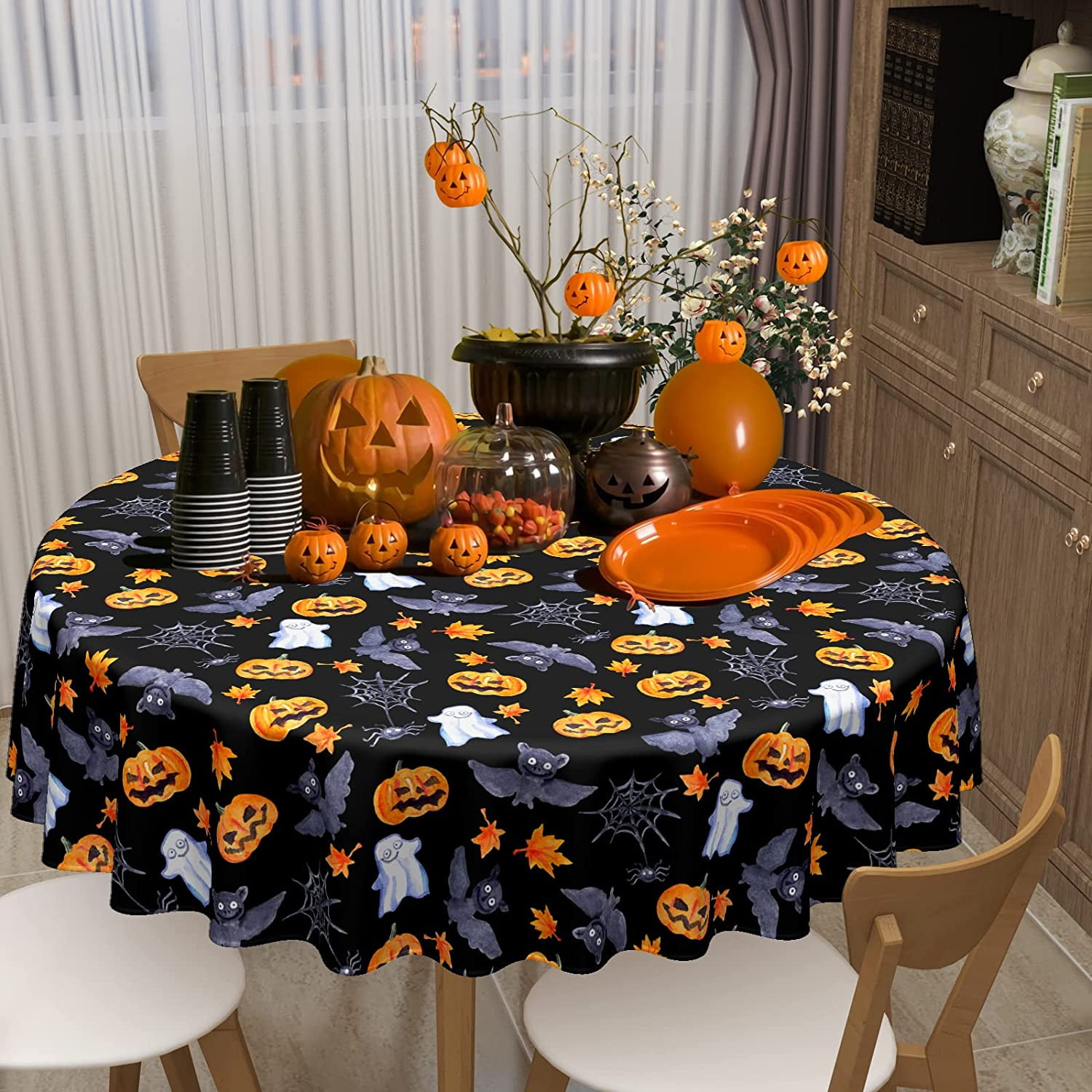 Halloween Spooky Round Tablecloth Black Bat Cobweb and Ghost Decorative ...