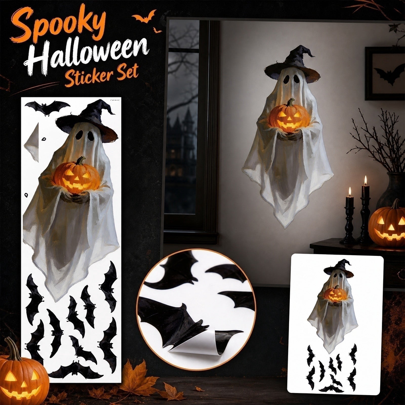 Halloween Static Cling Window Stickers Ghost Lantern Bat Wall Decals ...
