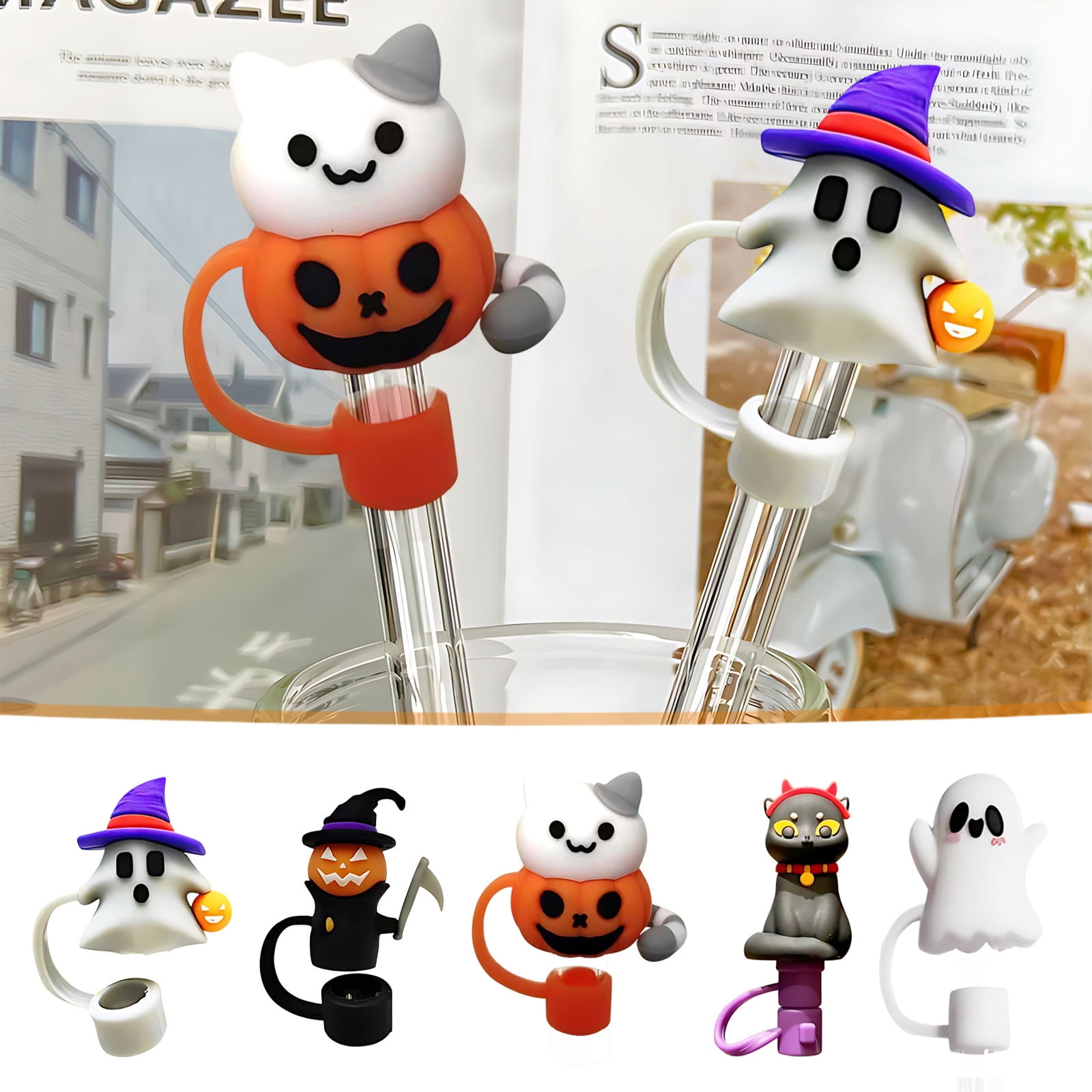 Halloween Straw Cover Cap for Cup-5pcs Cute Ghost Halloween Straw ...