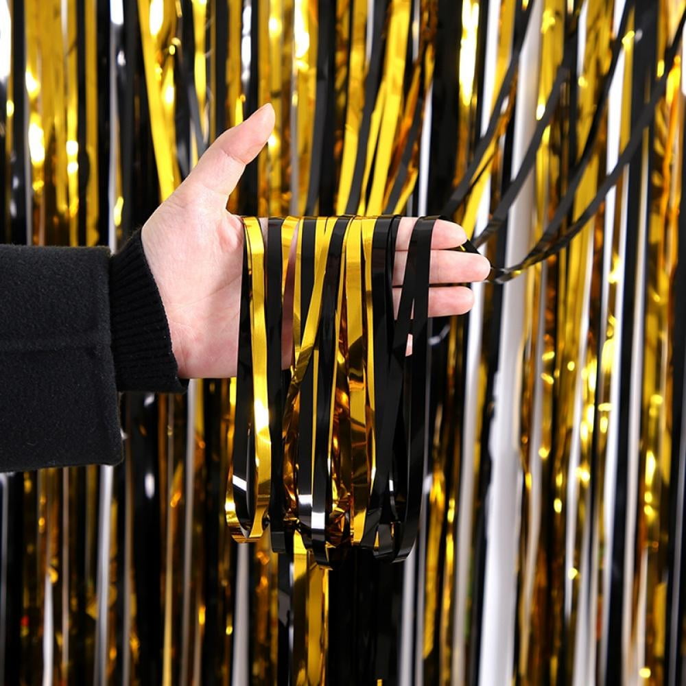 Halloween Streamers Black Gold Fringe Curtain Backdrop Metallic Tinsel ...