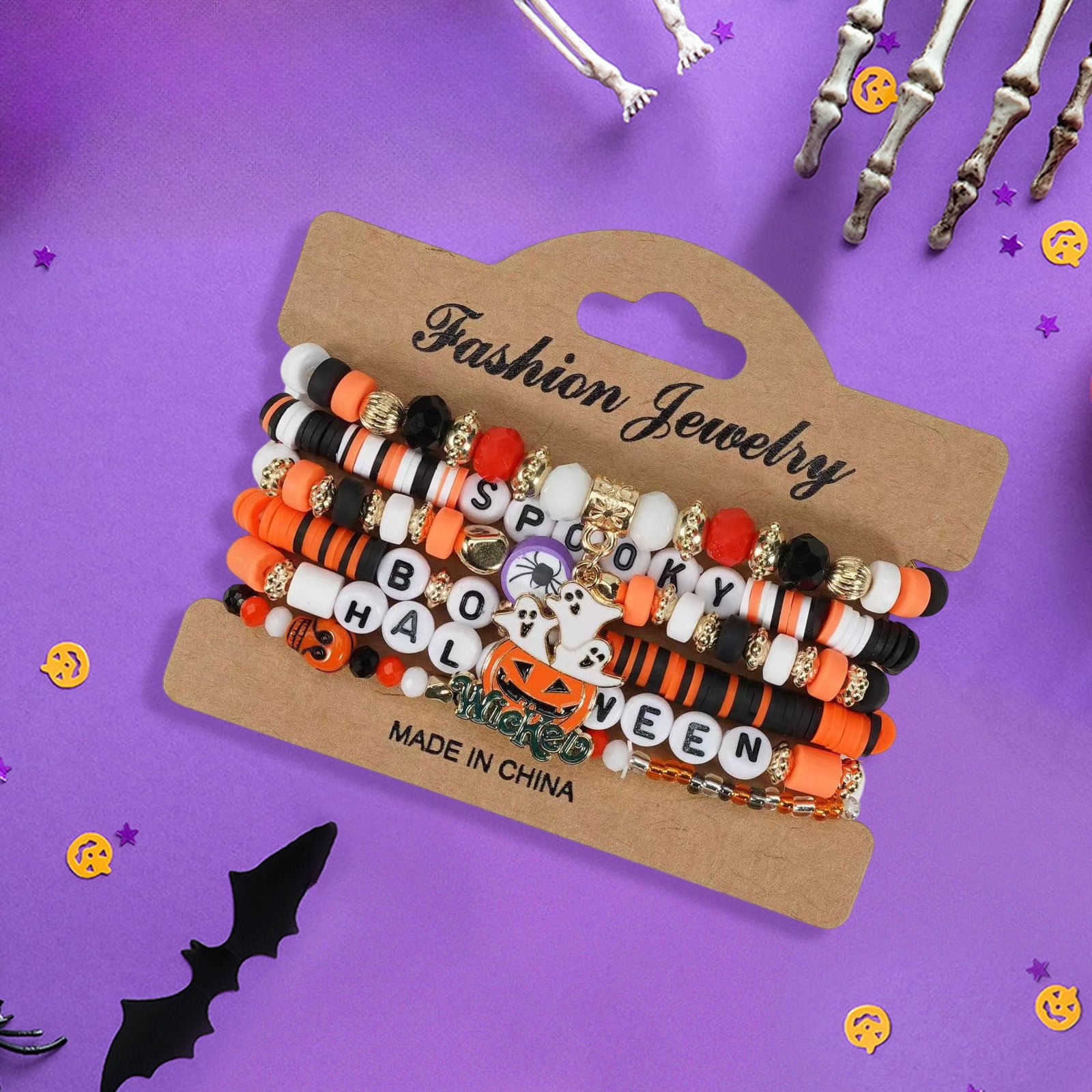 Halloween Stretch Beaded Bracelets Stack Set Colorful White Gold Smile ...