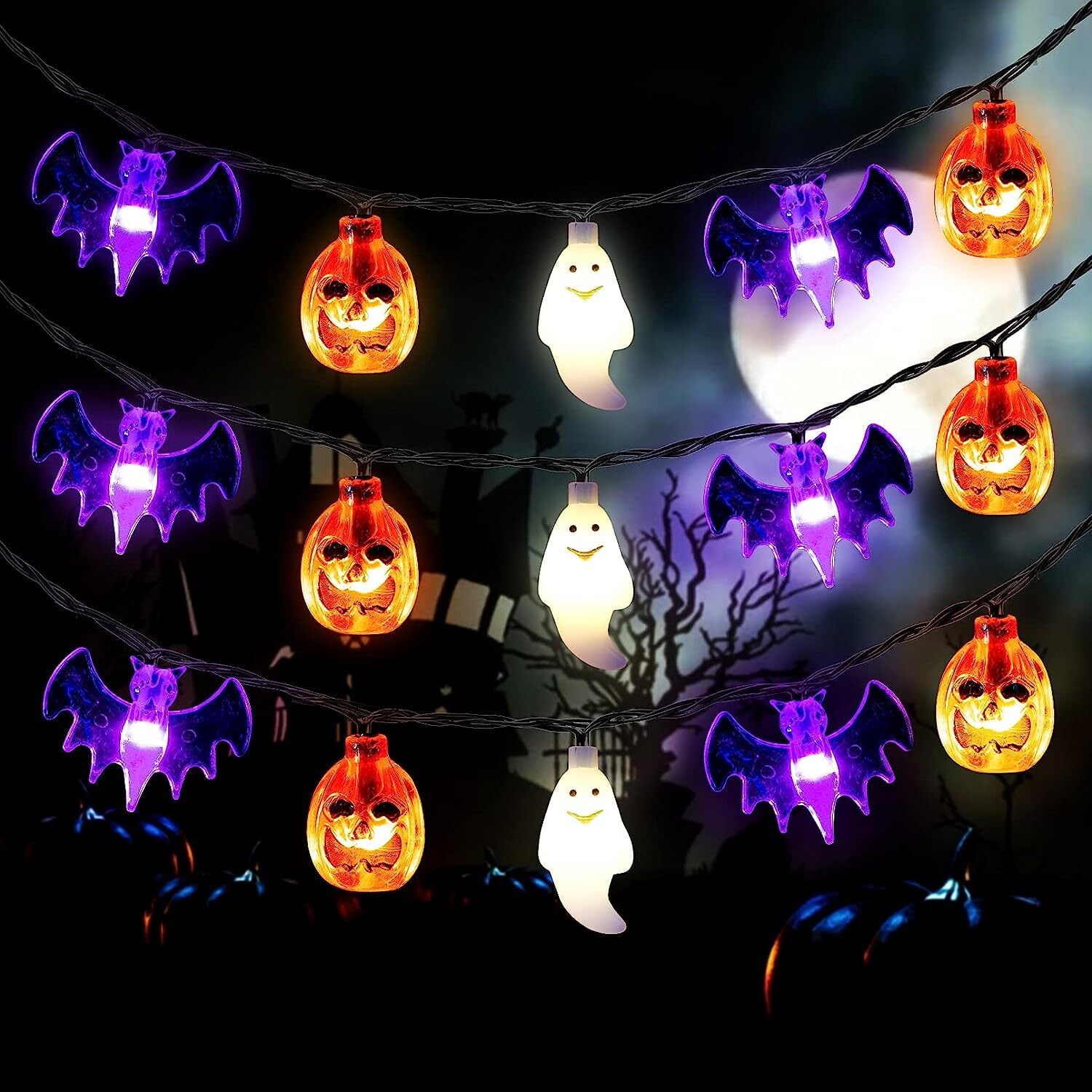 Halloween 20ft Battery-Operated String Lights: 30 LED 3D Pumpkin, Bat ...