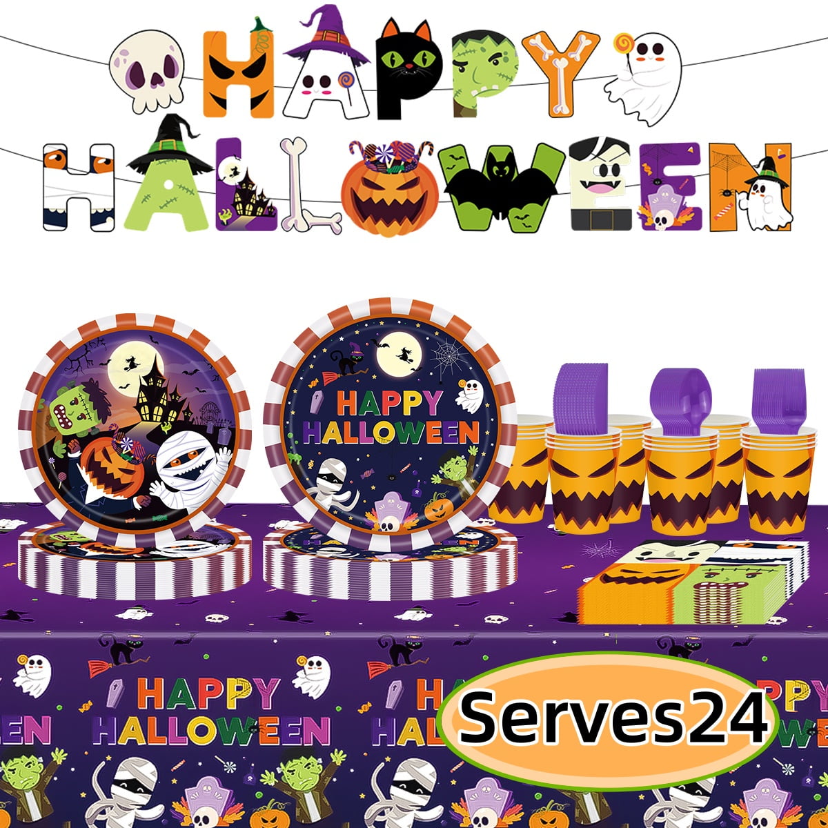 Halloween Supplies Disposable Paper Plates Napkins Tablecloth Banner ...