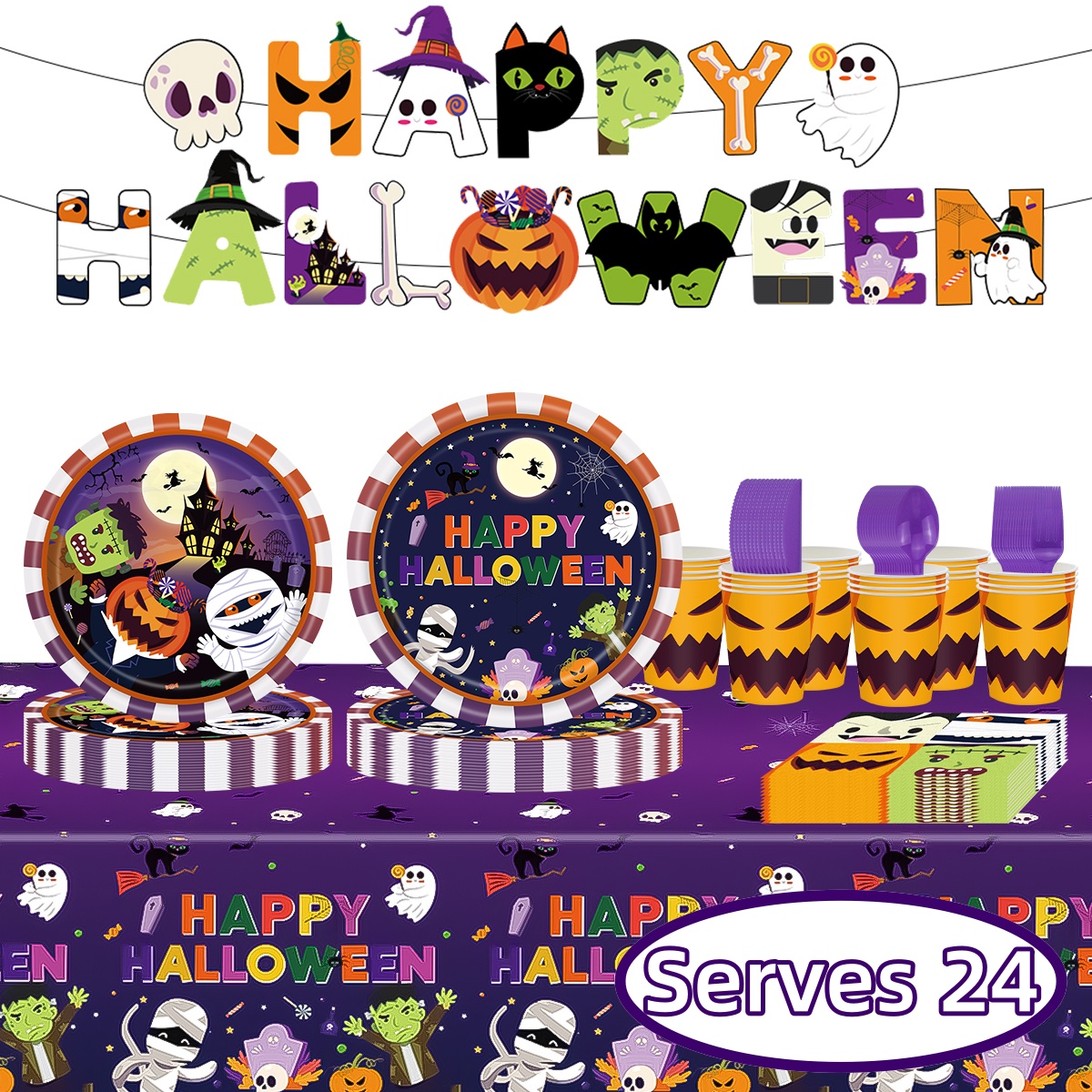 KeirineCC 96PCS Halloween Party Supplies Disposable Tableware Set ...