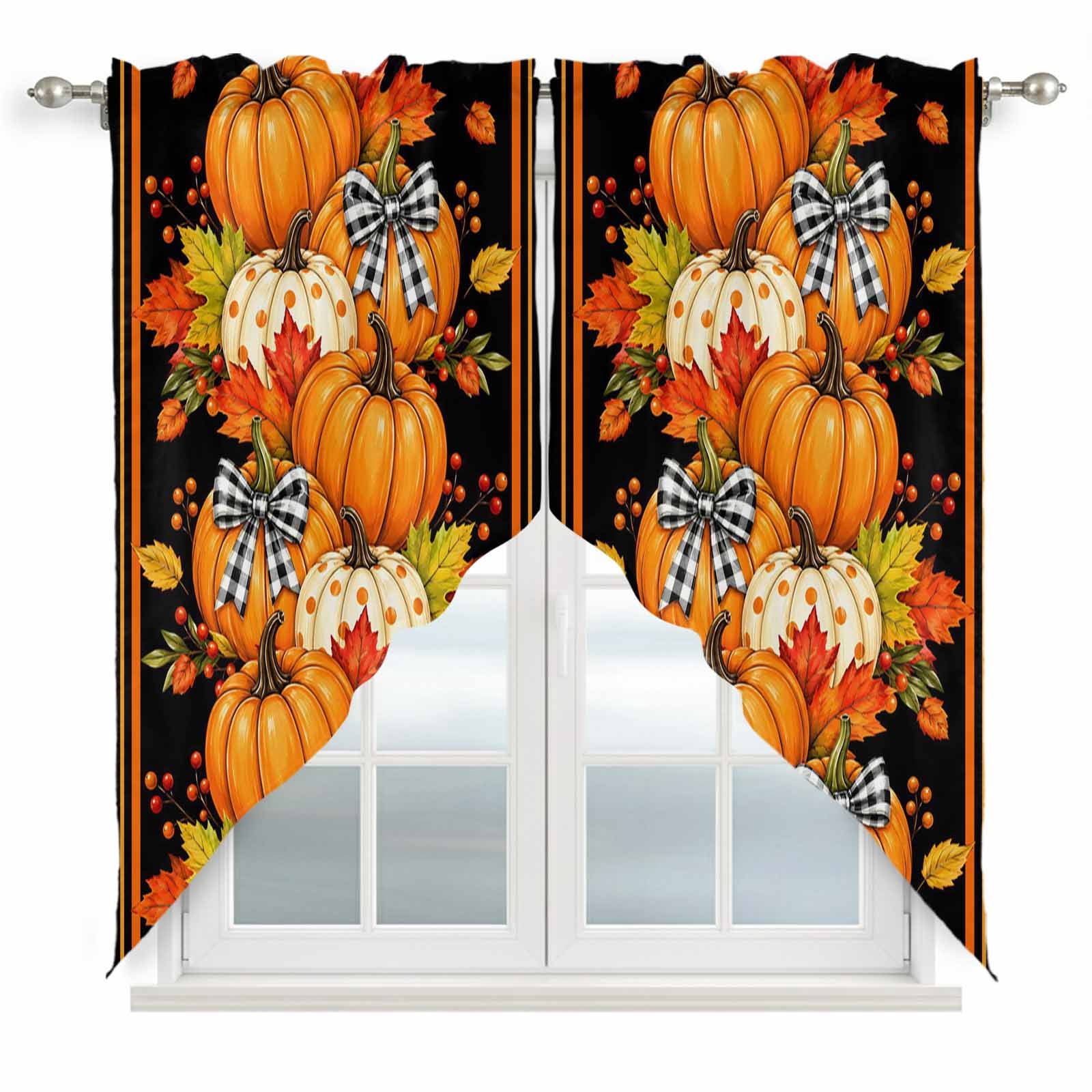 Halloween Swag Curtain Valance for Windows, Autumn Orange Polka Dot Bow ...