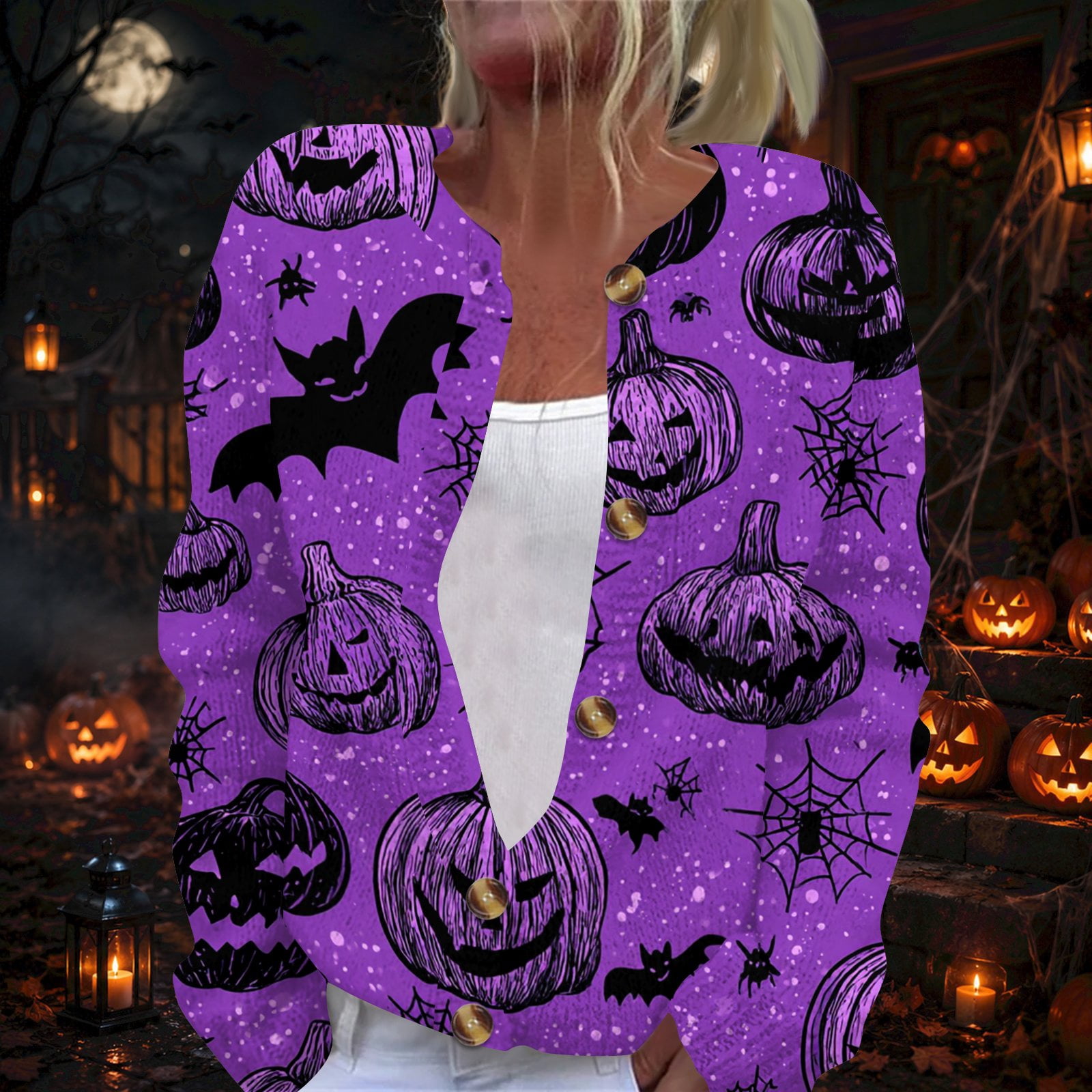 Halloween Sweaters for Women Funny Cartoon Bat Womens Cardigan Sweaters ...