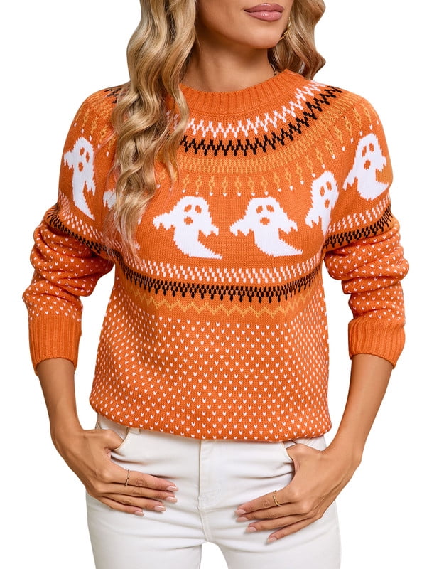 Halloween Sweaters for Women 2024 Ghost Print Pullover Sweater Casual ...