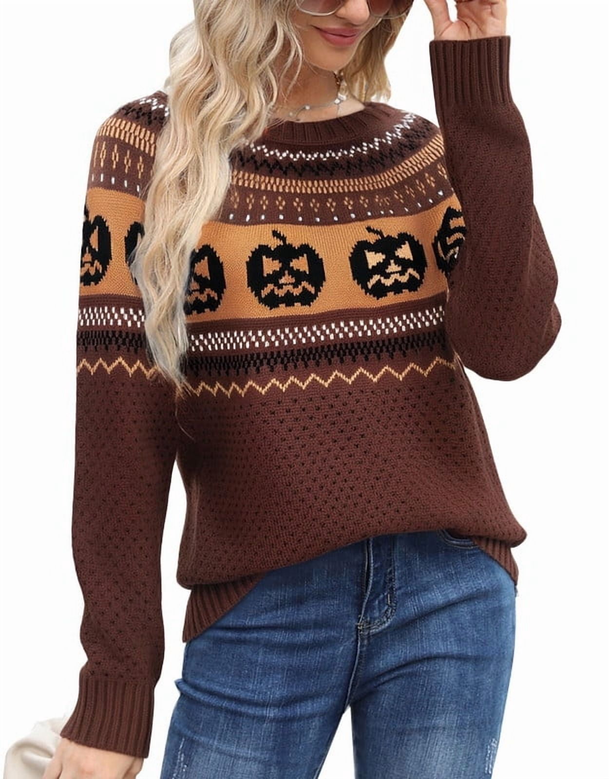 Halloween Sweaters for Women 2024 Pumpkin Print Pullover Sweater Casual ...