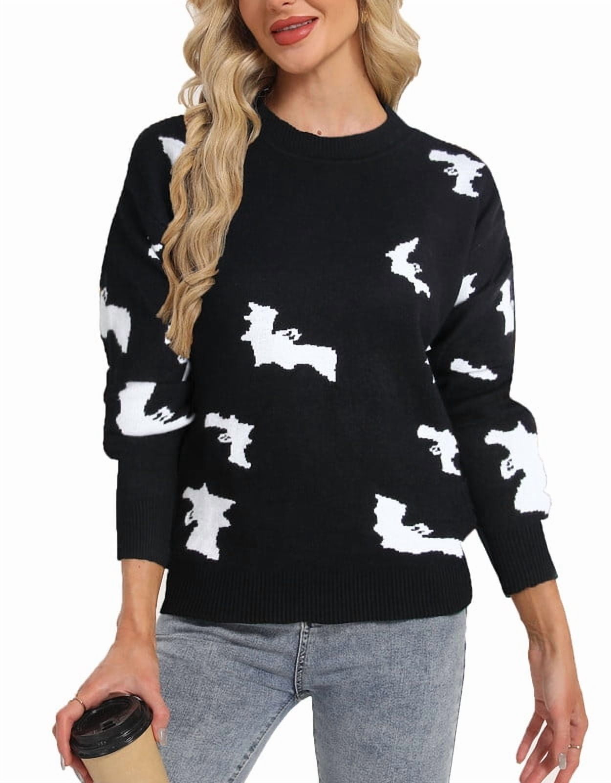 Halloween Sweaters for Women Trendy Bats Printed Pullover Sweaters ...