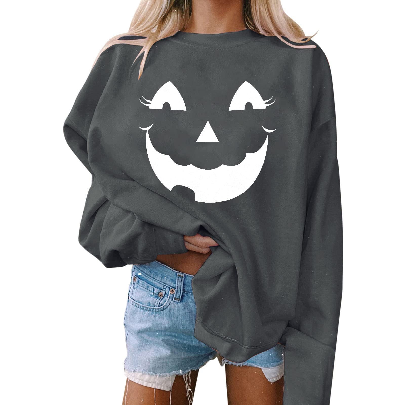 Halloween Sweatshirt for Women Cute Pumpkin Ghost Cat Bat Print Long ...