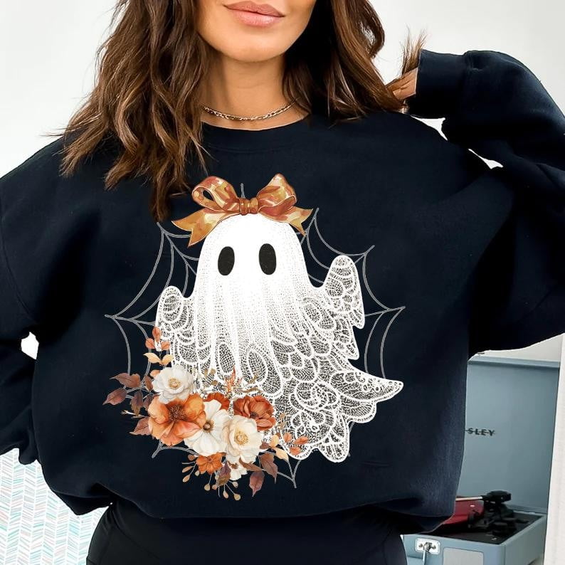 Halloween Sweatshirt with Lace Ghost and Floral Details, Spooky ...