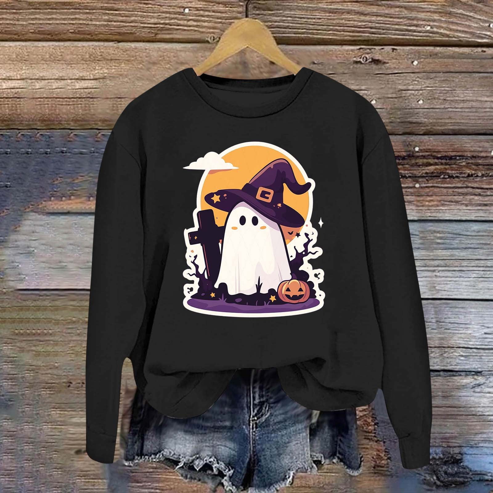 Halloween Sweatshirts for Women Loose Fit Cute Ghost Pumpkin Crew Neck ...