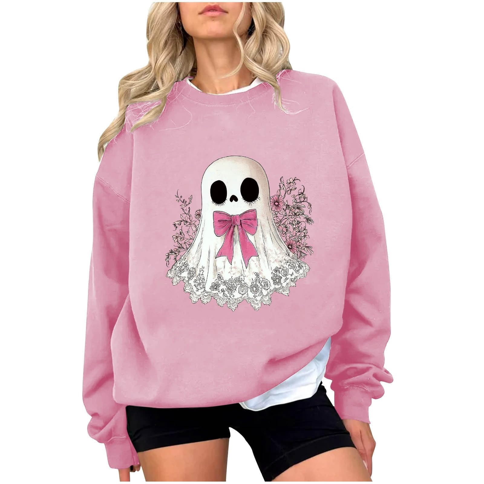 Halloween Sweatshirts for Women Crew Neck Pullover Cute Ghost Printed ...