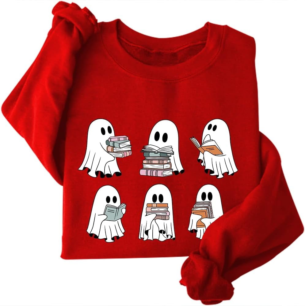 Halloween Sweatshirts for Women Ghost Reading Books Sweater Cute Spooky ...