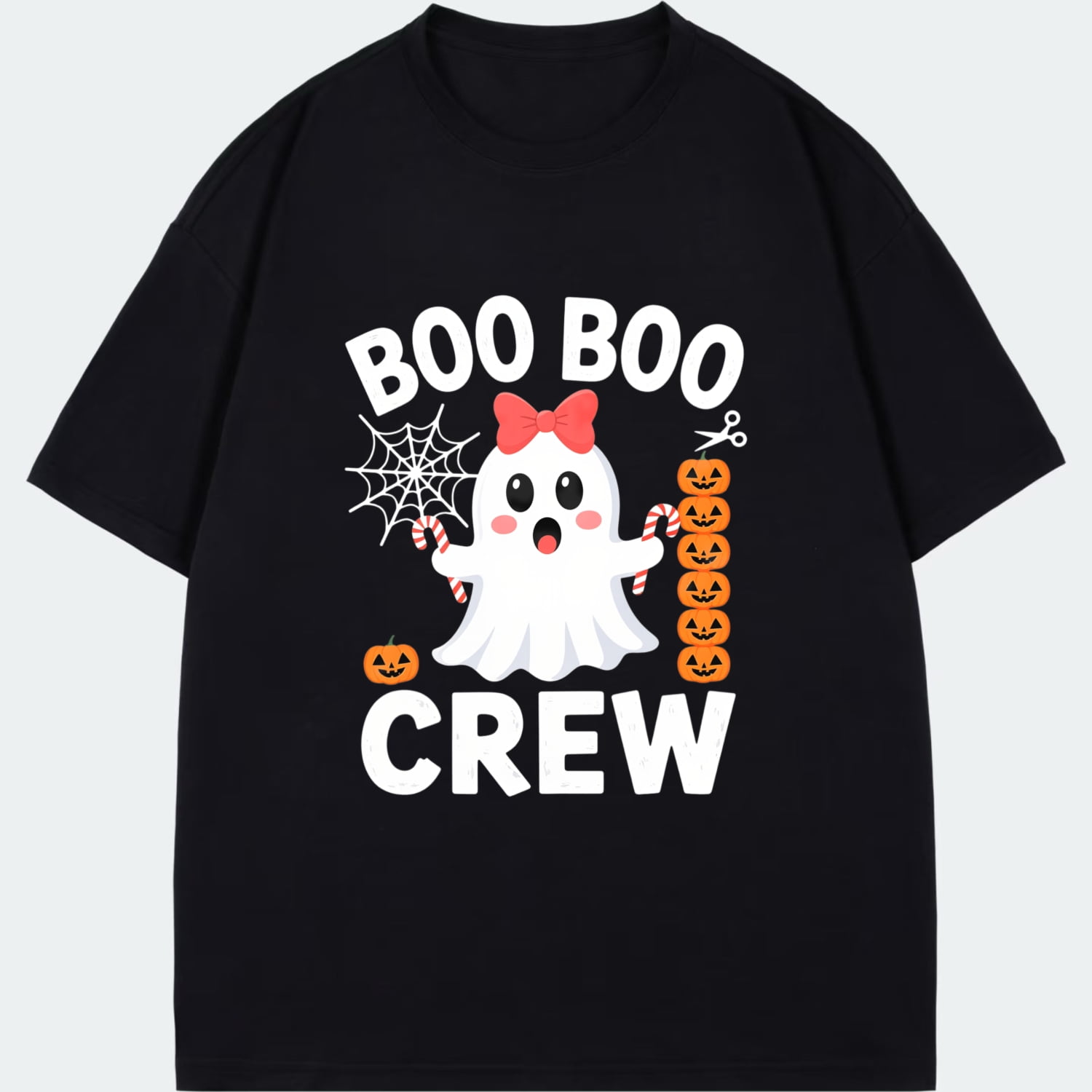 Halloween T Shirt Black Ghost With Bow And Candy Pumpkins And Spiderweb ...