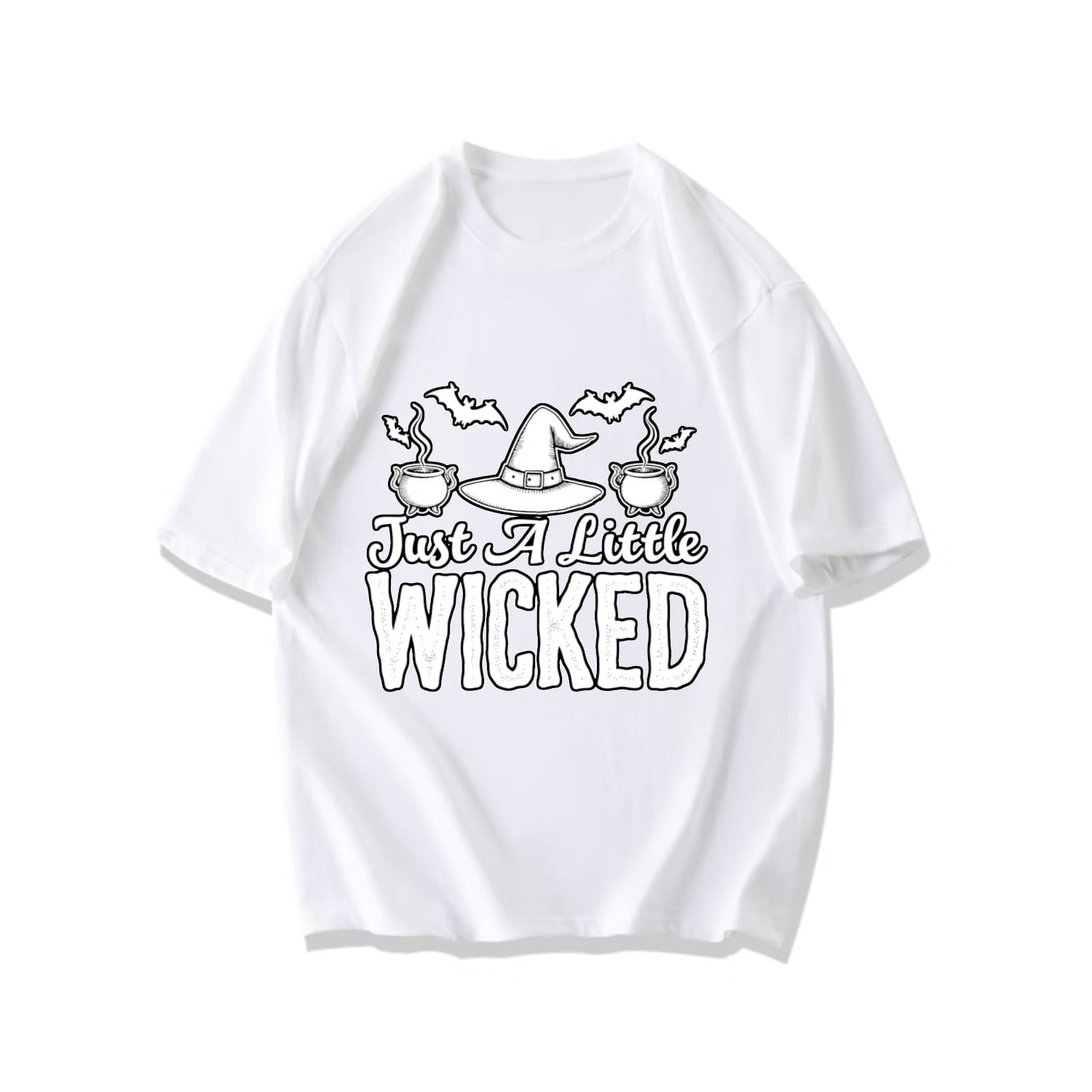 Halloween T Shirt Black Witch Hat Cauldrons Bats Just A Little Wicked ...