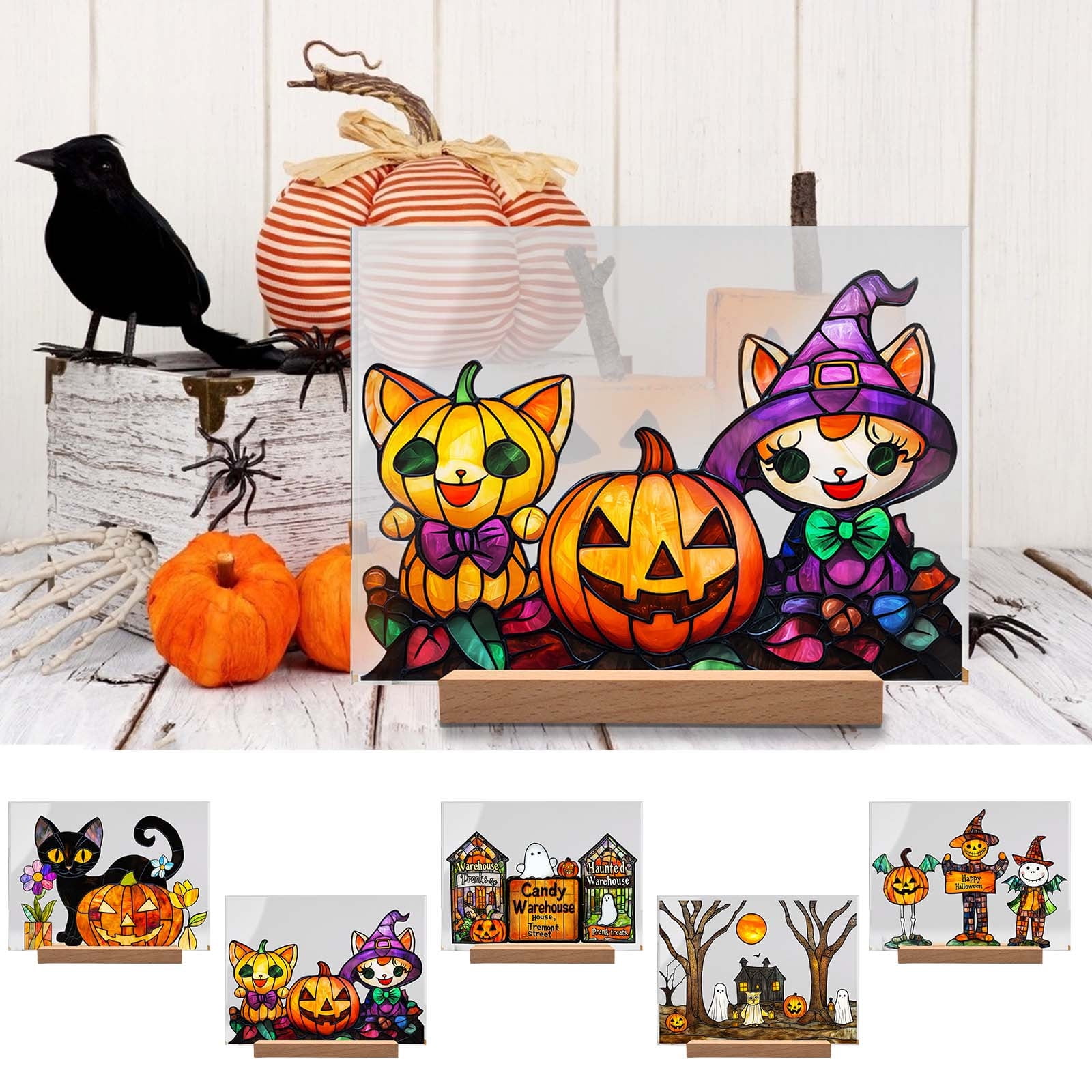 Halloween Table Decorations Set of 3,Cute Wooden Ghost,Pumpkin,Witch ...