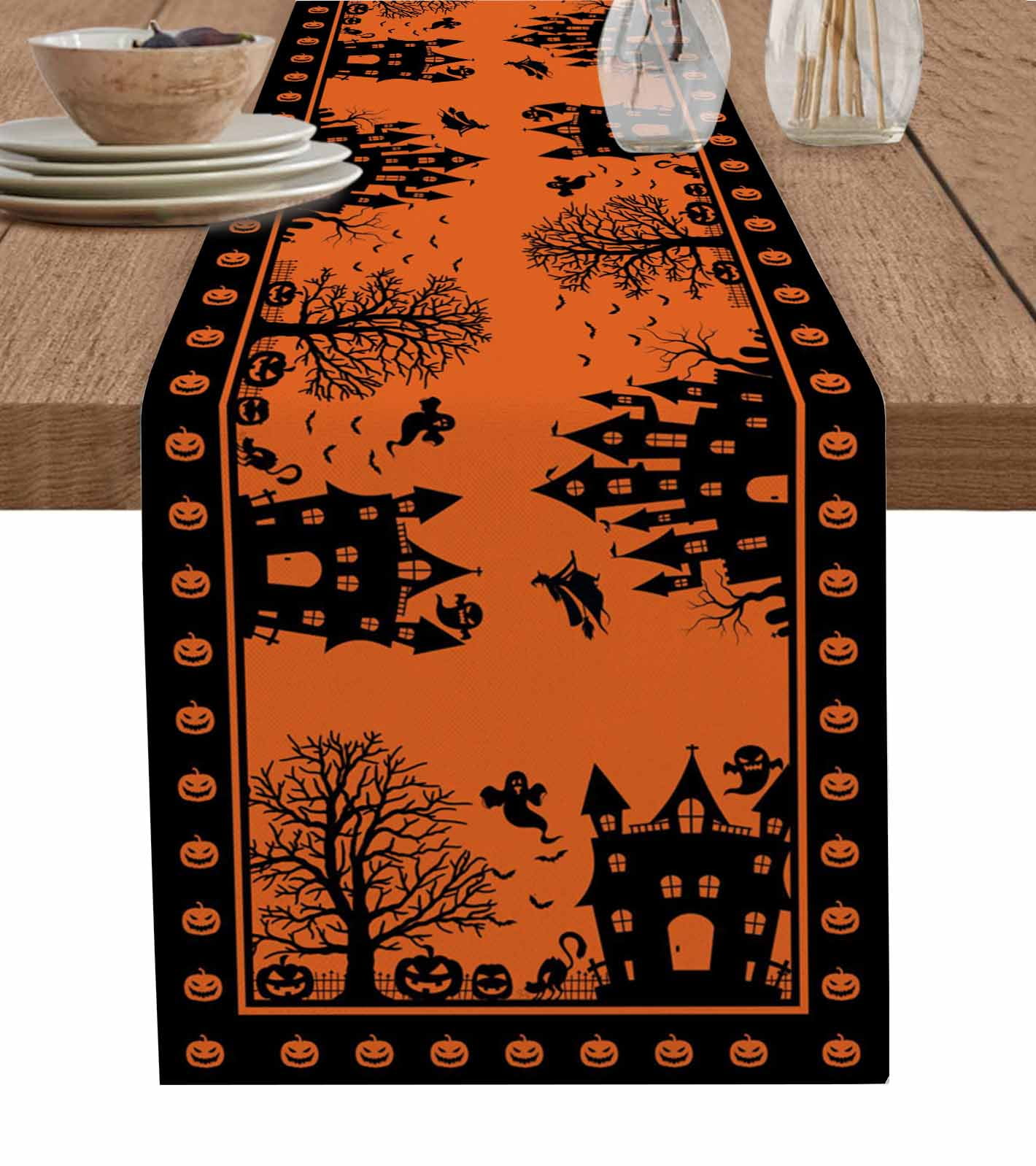 Halloween Table Runner 108 Inches, Orange Black Pumpkin Ghost Castle ...