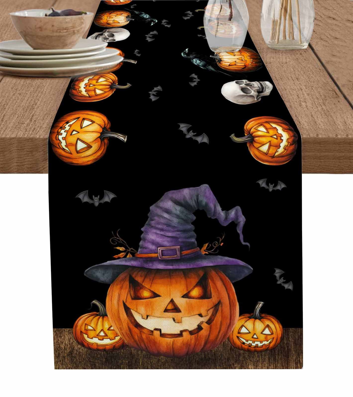 Halloween Table Runner 108 Inches, Orange Fall Pumpkin Witch Hat Bat ...