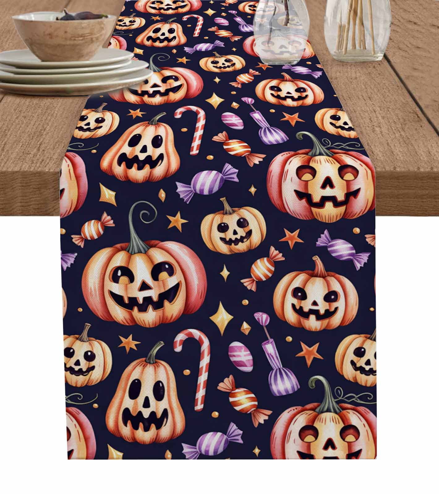 Halloween Table Runner 108 Inches, Spooky Pumpkins Halloween Scary ...
