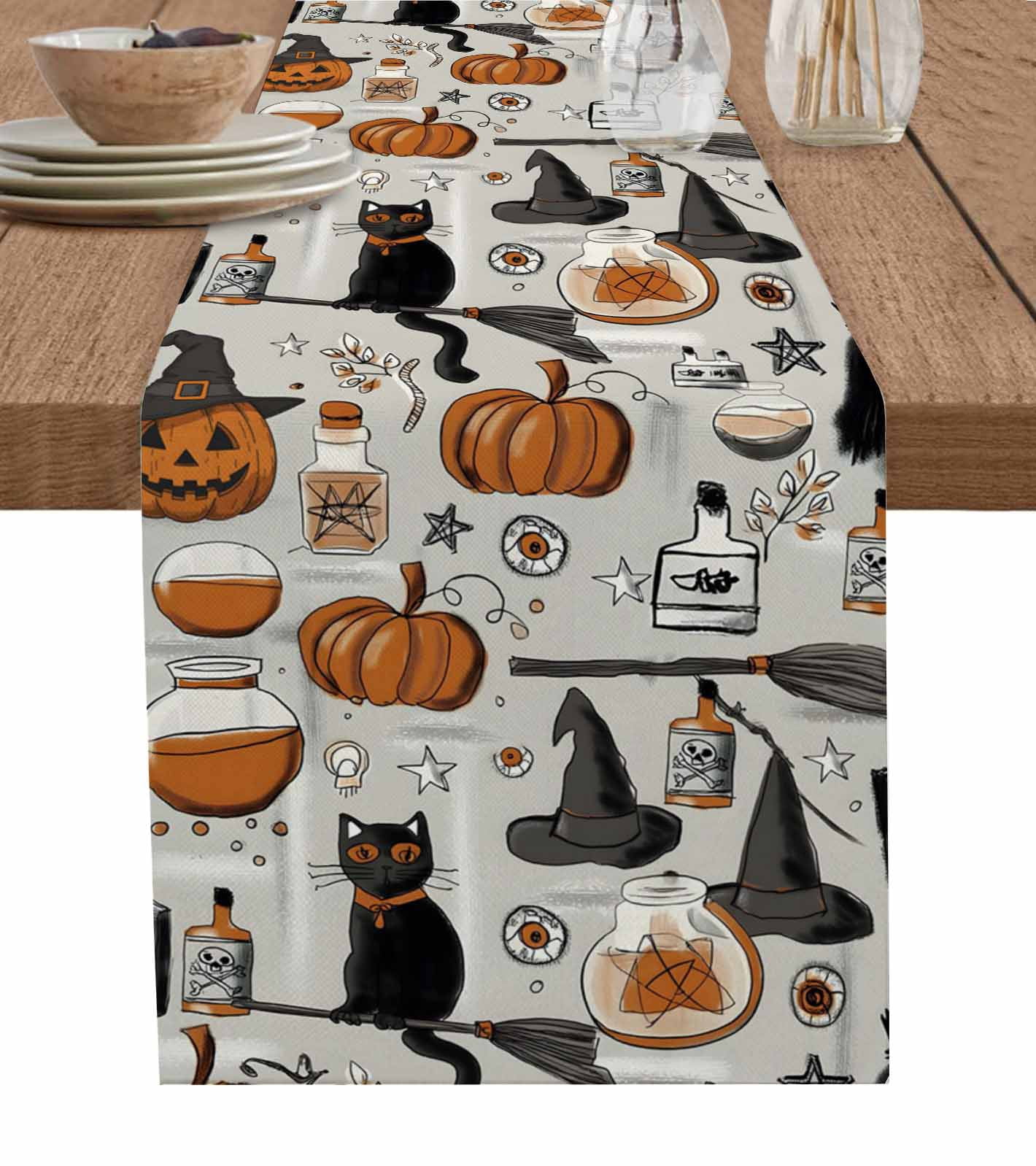 Halloween Table Runner 120 Inches, Black Cat Witch Hat Spooky Pumpkin ...