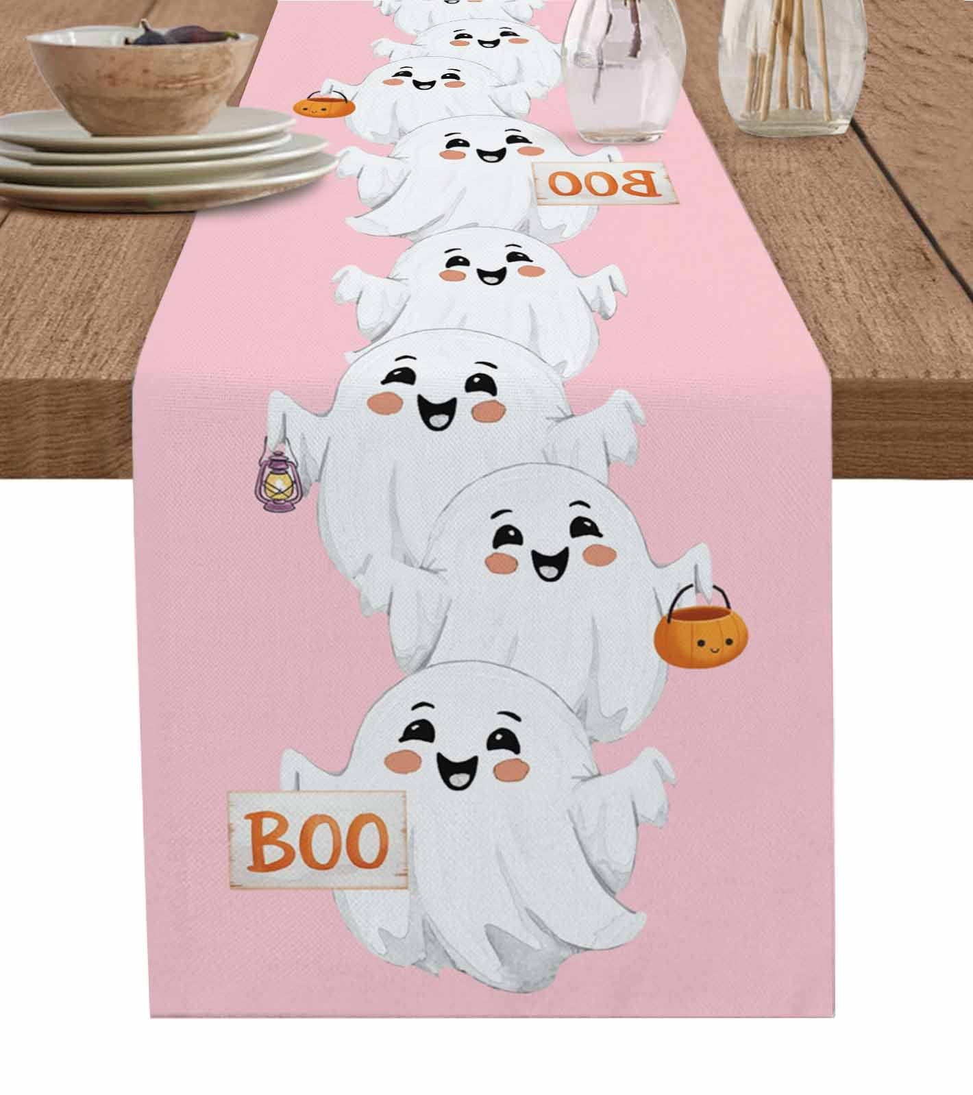 Halloween Table Runner 120 Inches, Cartoon Cute Ghost Fall Pumpkins Bed ...