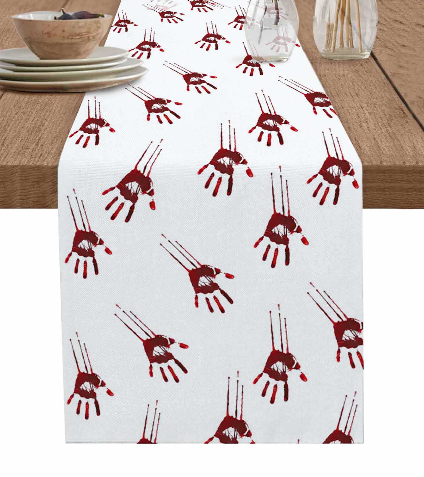 Halloween Table Runner 120 Inches, Red Blood Handprint Monochrome White ...