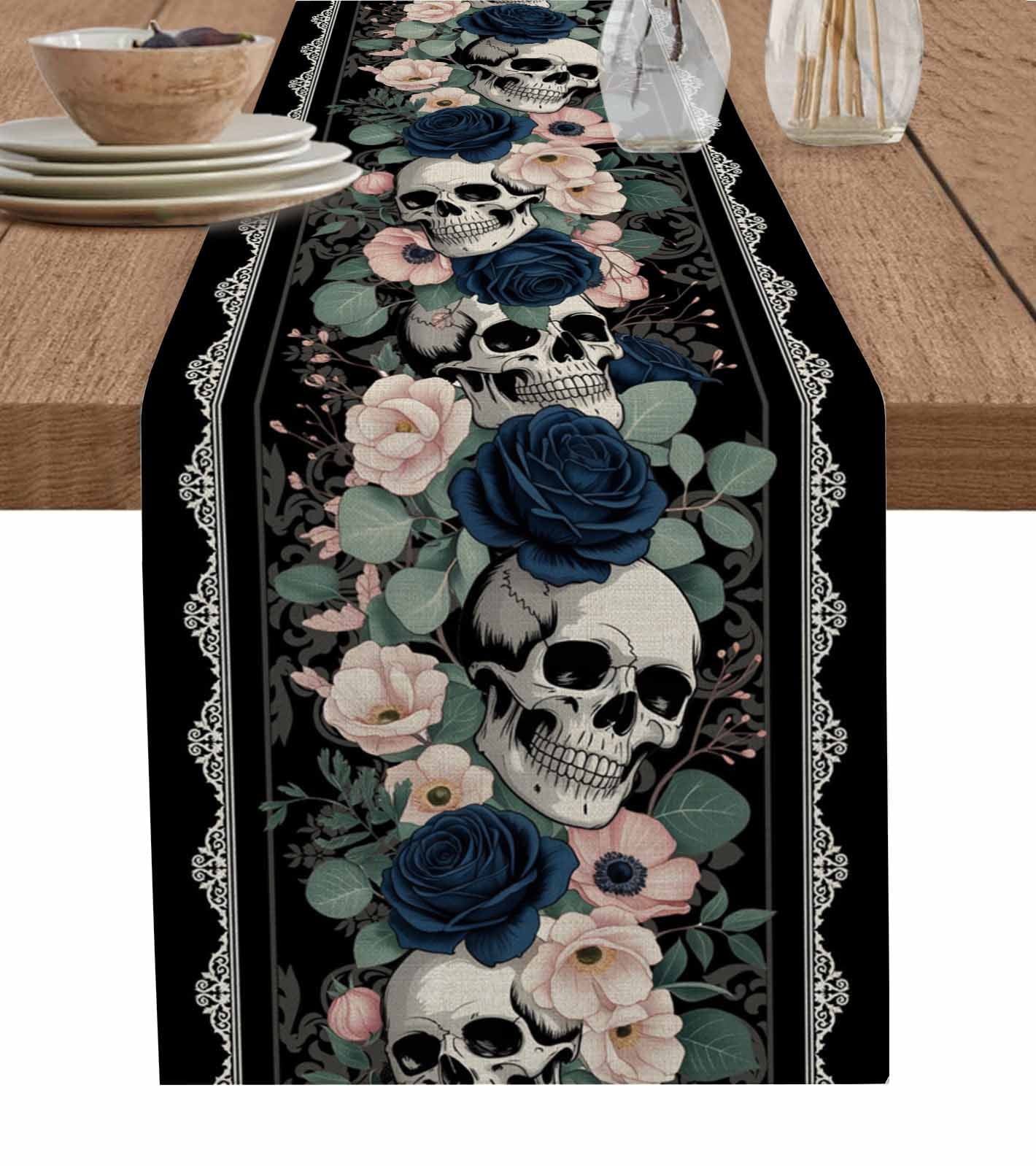 Halloween Table Runner 36 Inches, Boho Horror Skull Flower Leaf Black ...