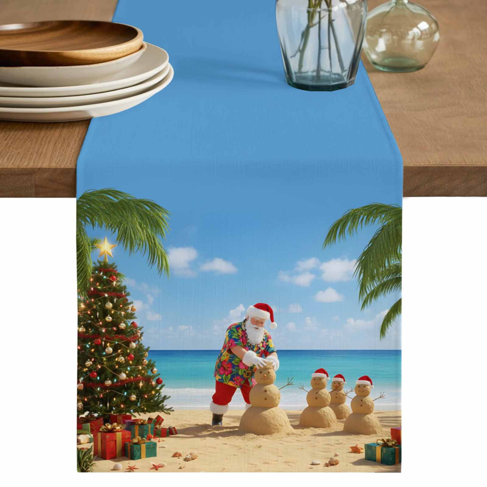 Coastal Christmas Table Runner 36 Inches, Santa Claus Sandy Snowman ...