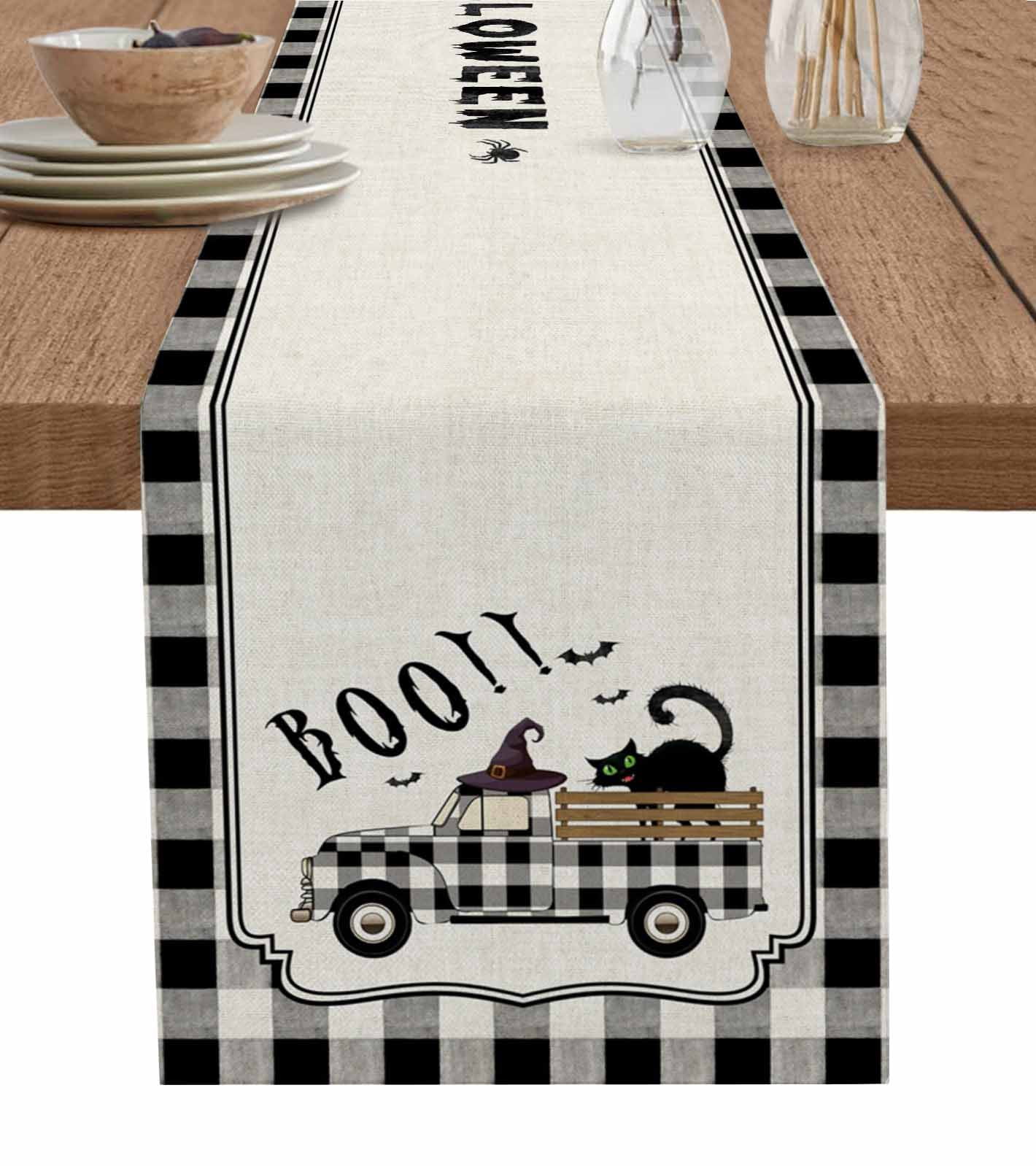 Halloween Table Runner 48 Inches, Spooky Horror Truck Black Cat Black ...