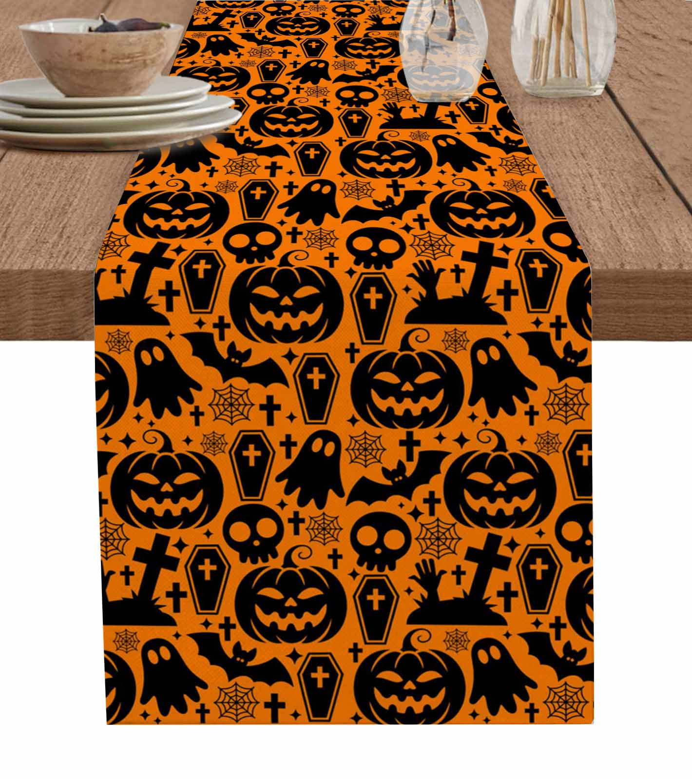 Halloween Table Runner 48 Inches, Spooky Pumpkin Fall Horror Skull ...