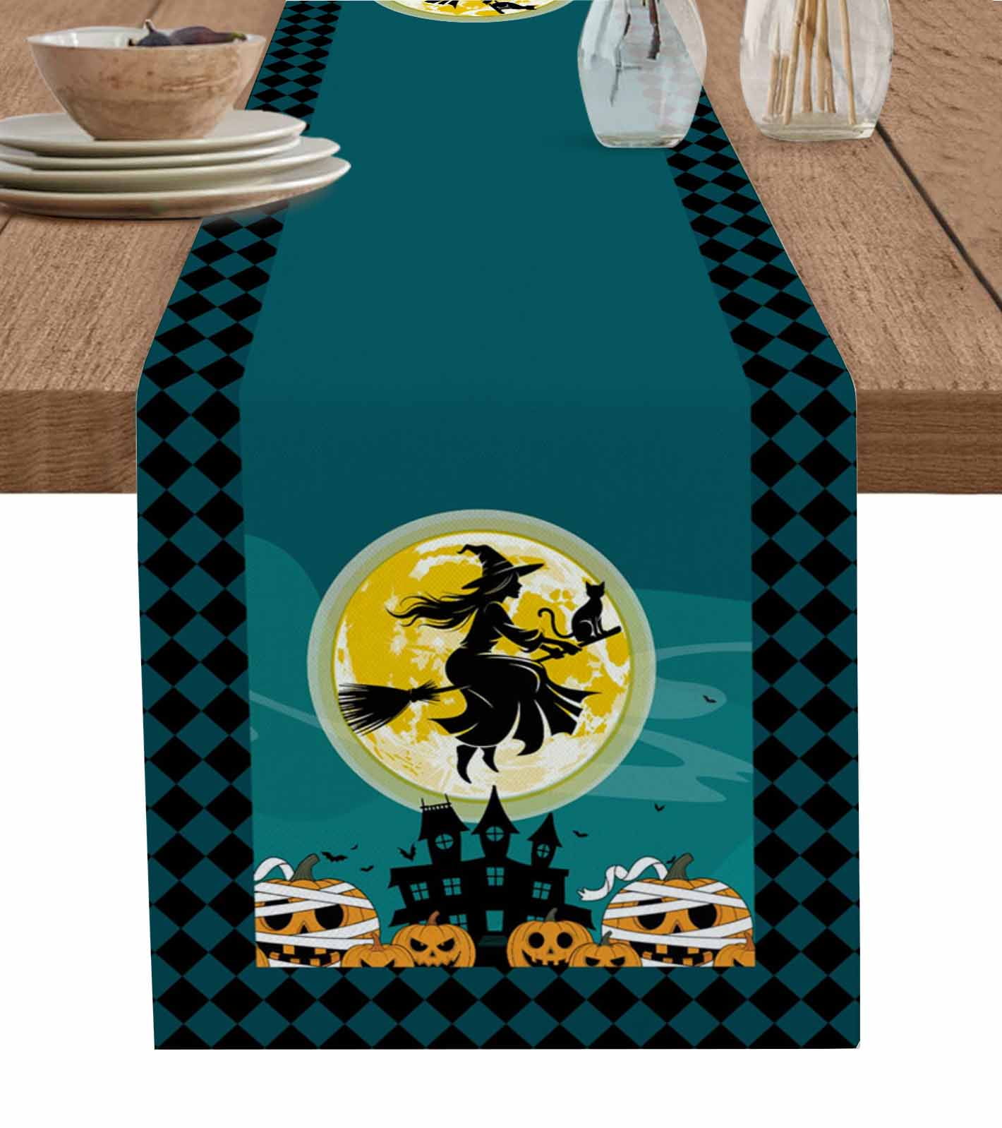 Halloween Table Runner 60 Inches, Riding Black Witch Cat Green Plaid ...
