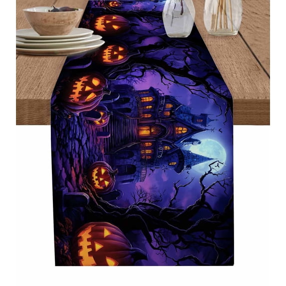 Halloween Table Runner 70 Inches, Horror Pumpkins Halloween Dark Castle ...