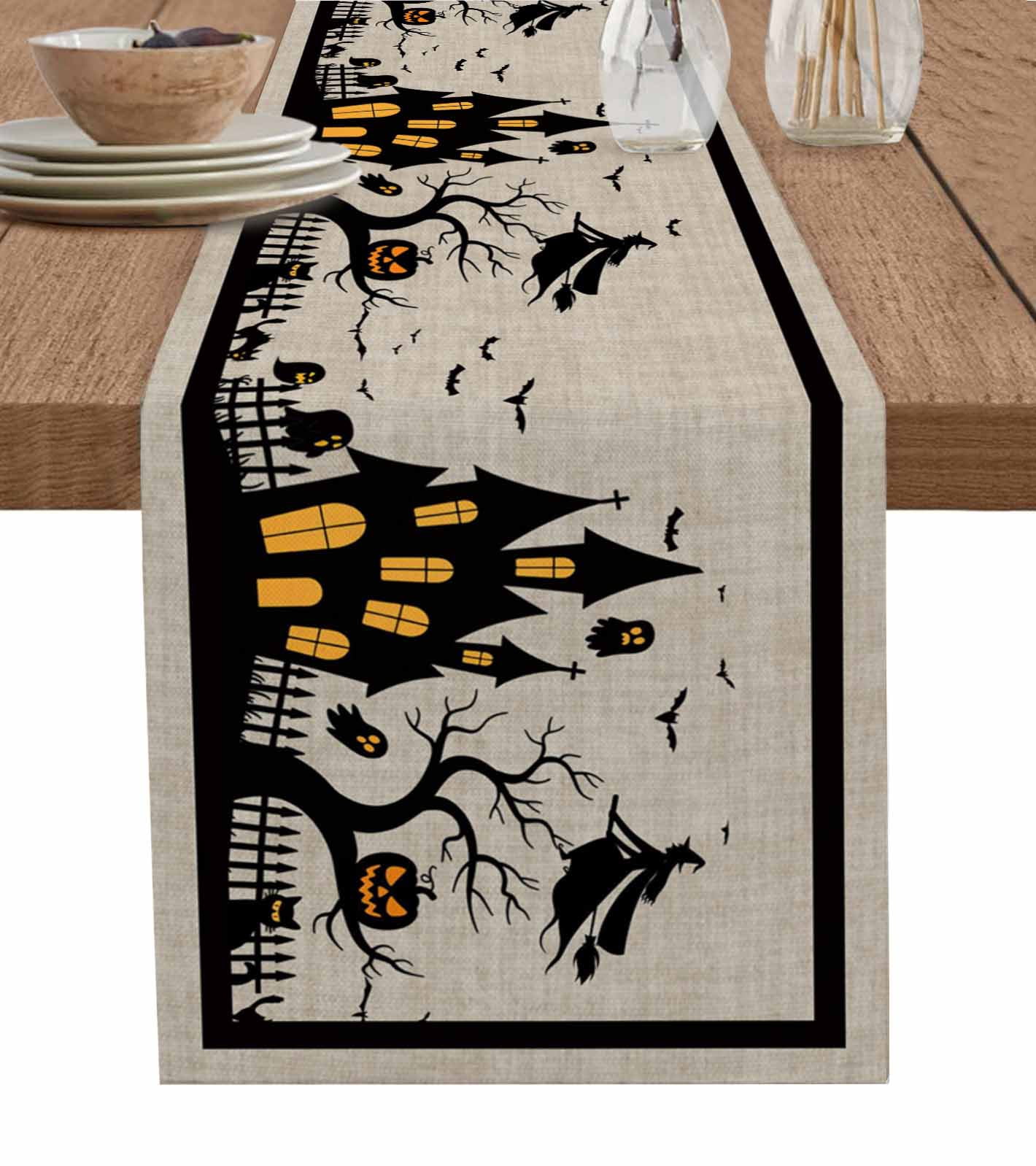 Halloween Table Runner 72 Inches, Black Pumpkin Ghost Castle Witch Bed ...
