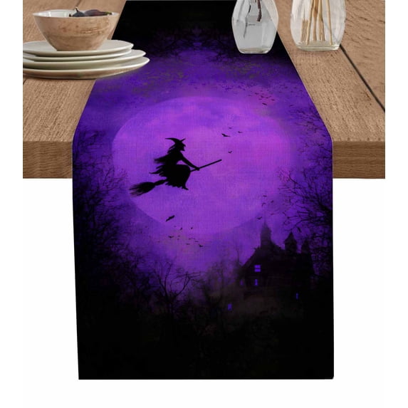 Halloween Table Runner 72 Inches, Castle Witch Horror Tree Moon Bat ...