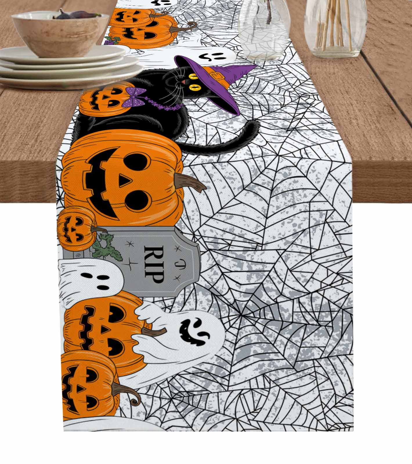 Halloween Table Runner 72 Inches, Fall Ghost Pumpkin Black Spiderwebs ...