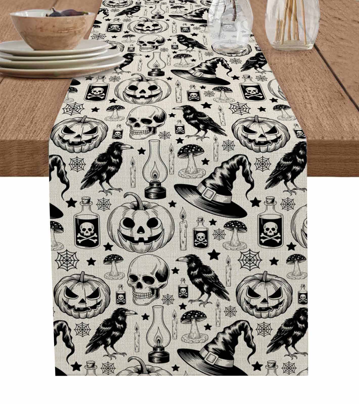 Halloween Table Runner 72 Inches, Fall Pumpkin Horror Skull Bones Bed ...