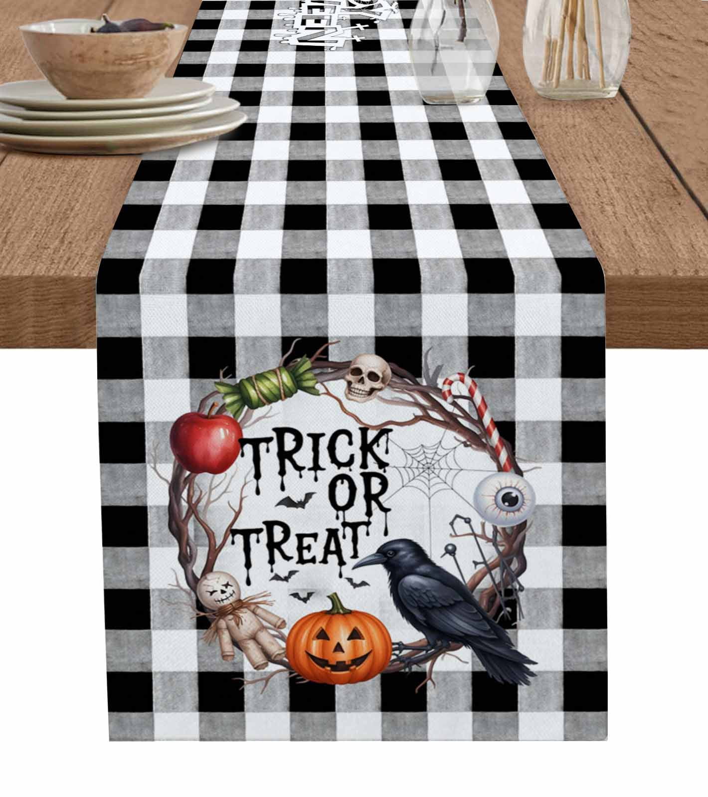 Halloween Table Runner 72 Inches, Horror Pumpkin Crow Skull Black White ...