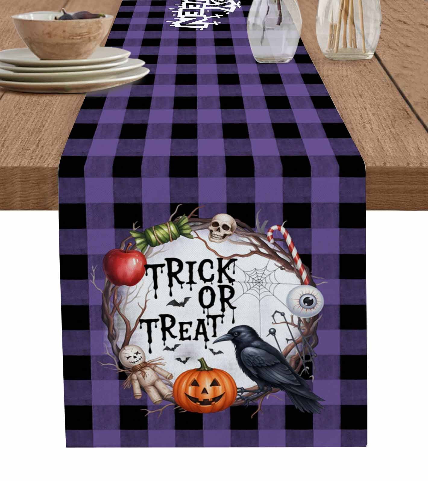 Halloween Table Runner 72 Inches, Horror Pumpkin Crow Skull Purple ...