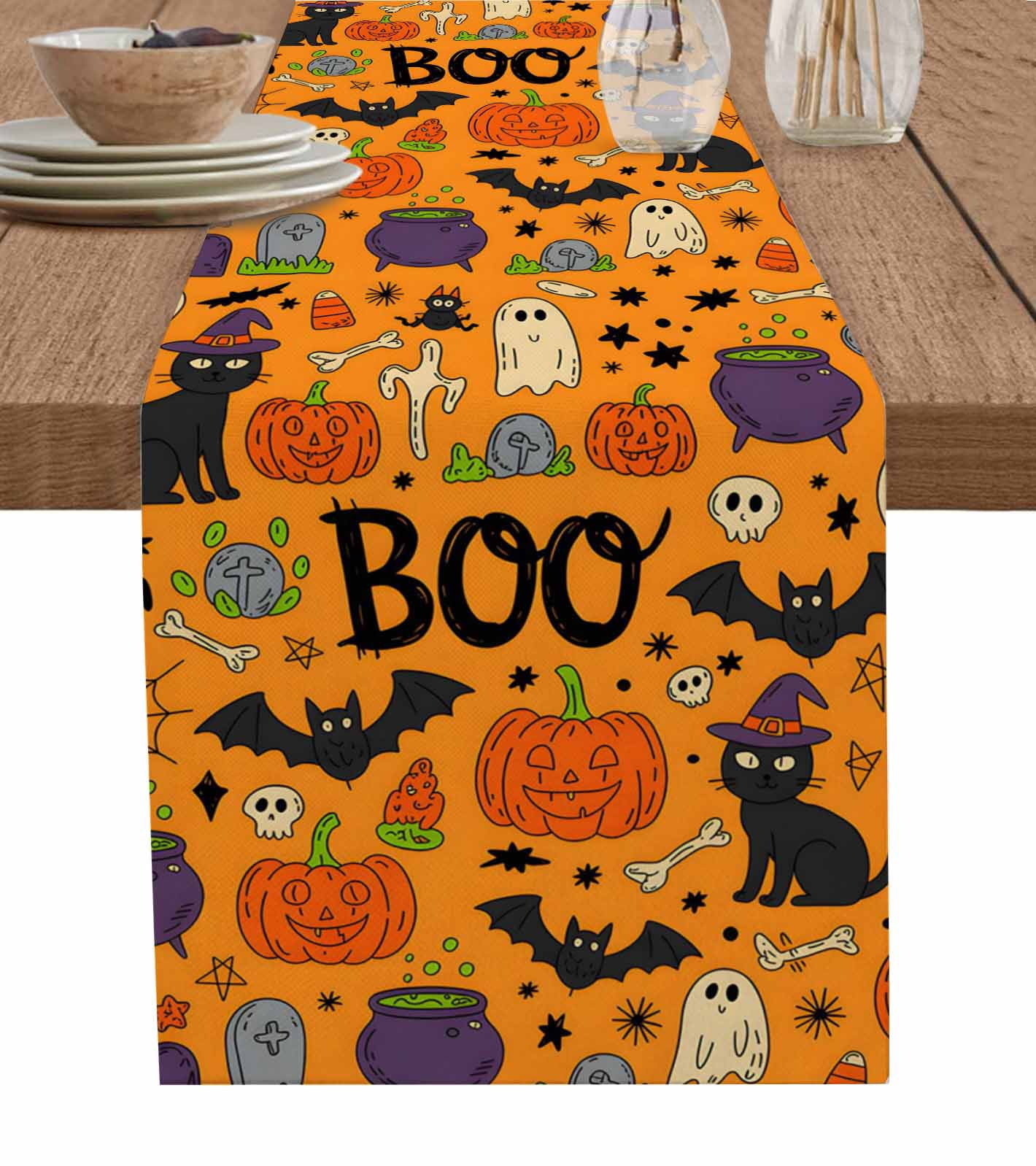 Halloween Table Runner 72 Inches, Orange Cartoon Pumpkin Cat Star Bat ...