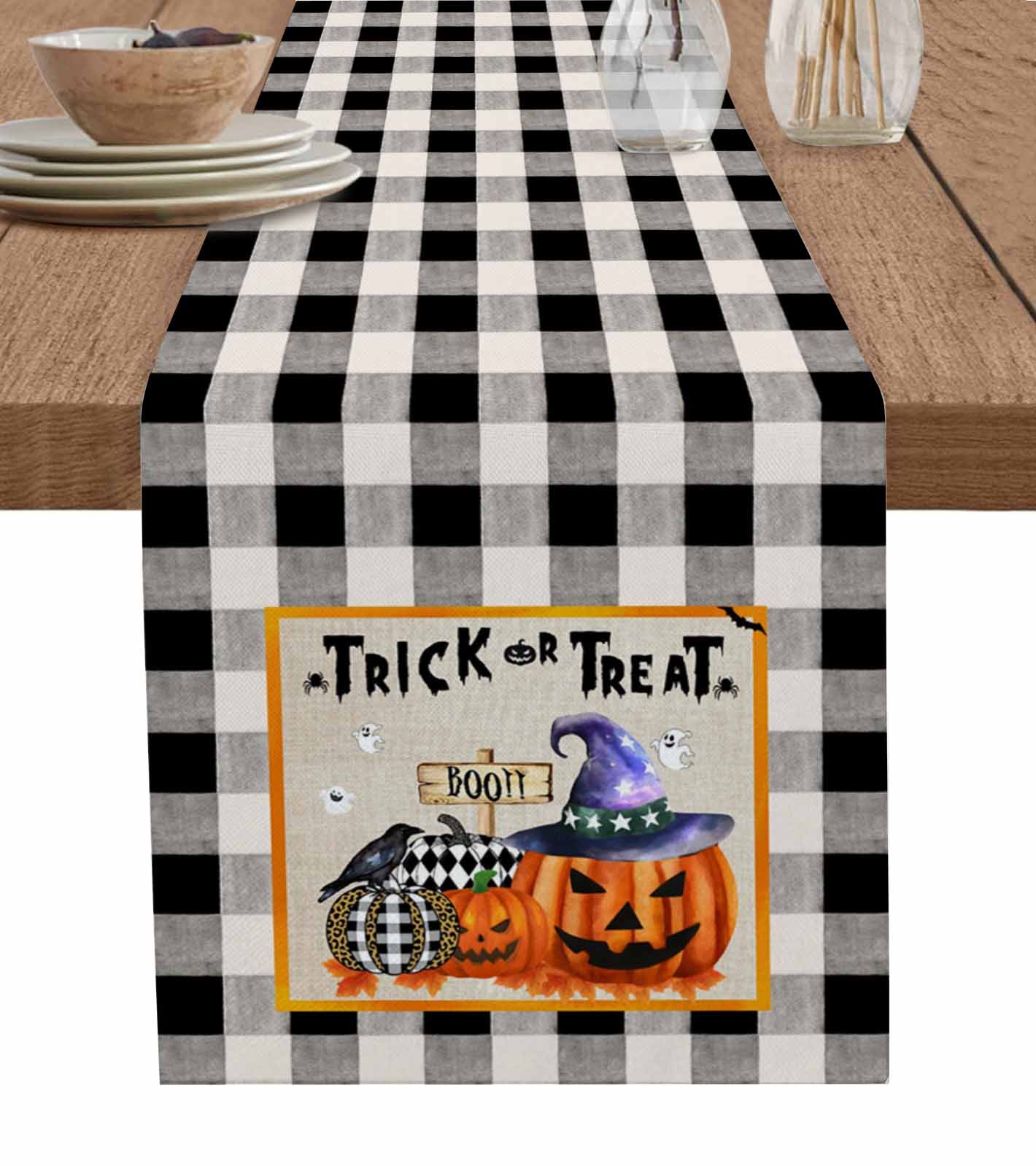 Halloween Table Runner 72 Inches, Orange Horror Pumpkin Bird Black ...